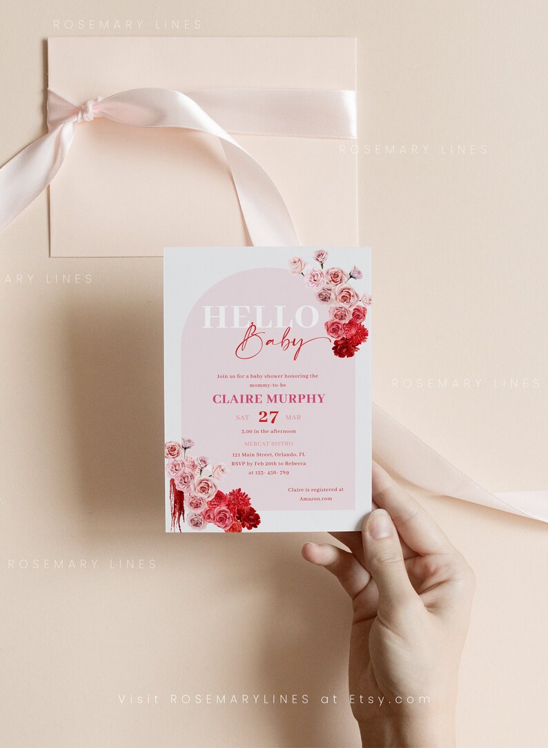 Red and Pink Baby Shower Invitation Template Hot Pink Flowers - Etsy