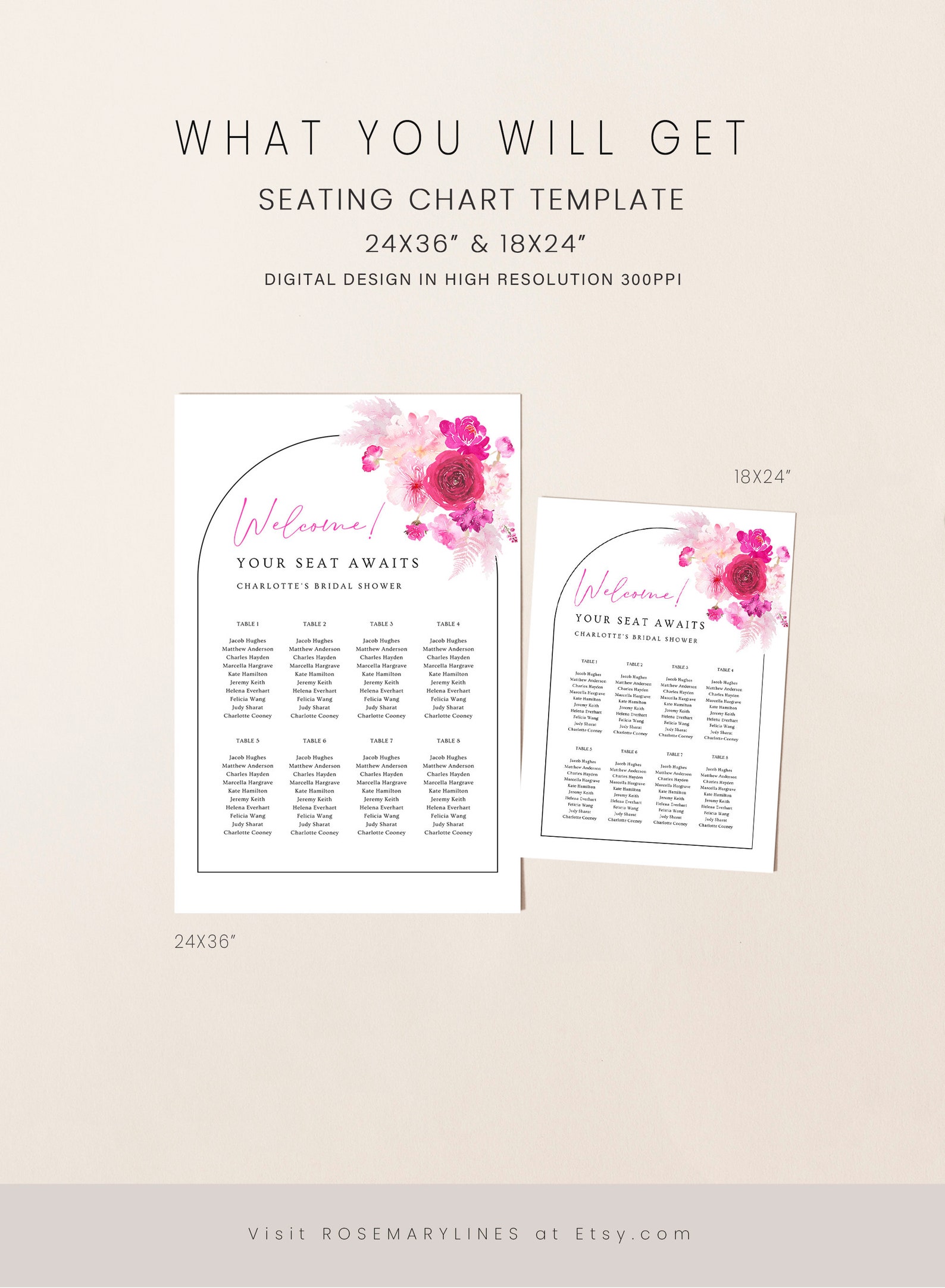 Hot Pink Floral Seating Chart Template, Blush Bubblegum Pink Seating ...