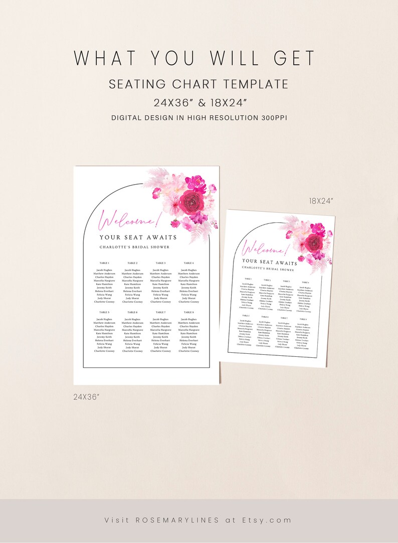 Hot Pink Floral Seating Chart Template, Blush Bubblegum Pink Seating ...