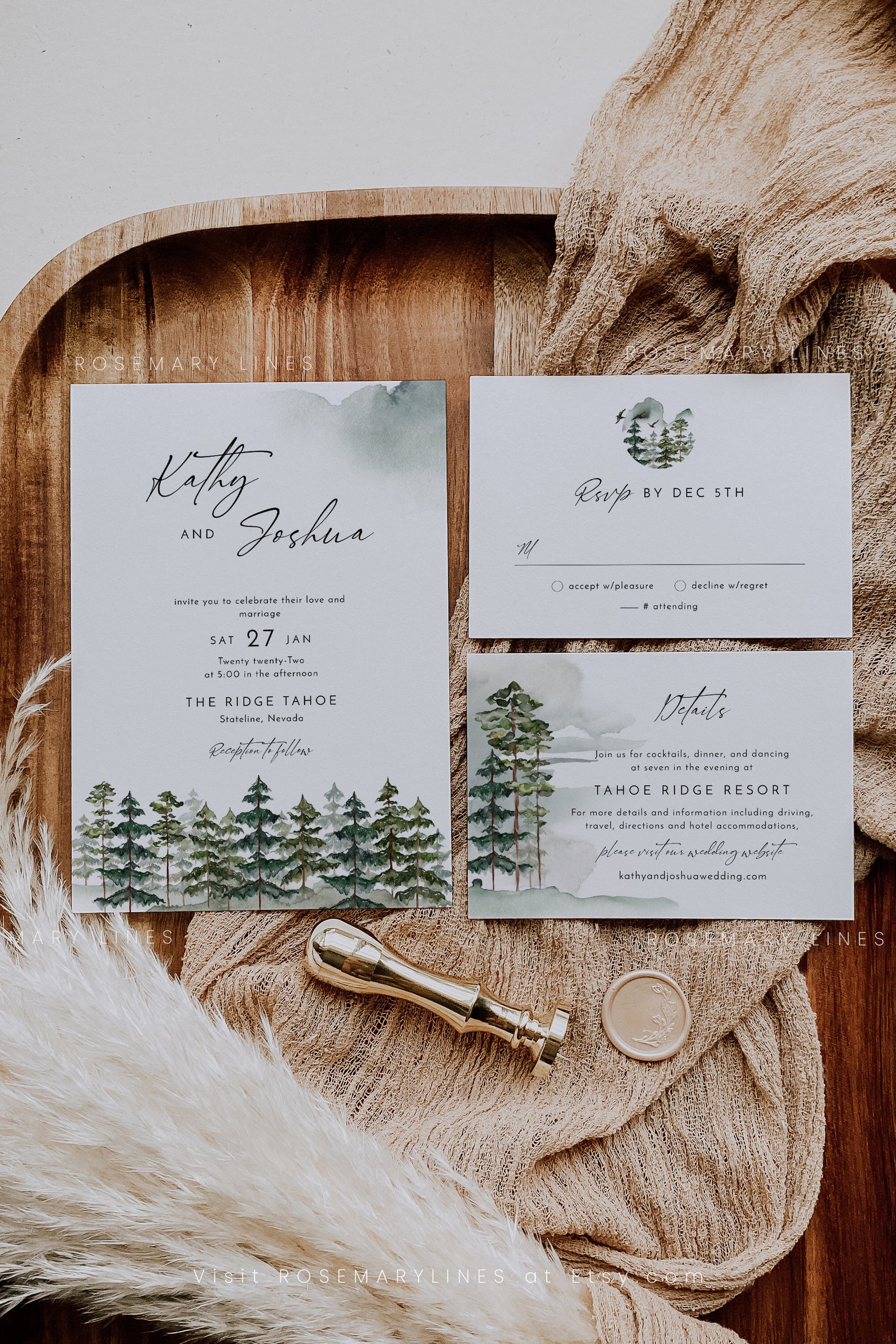 Pine Wedding Invitation Set Template Pine Forest Wedding - Etsy