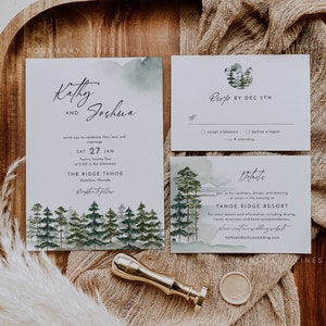 Pine Wedding Invitation Set Template, Pine Forest Wedding Invitations ...