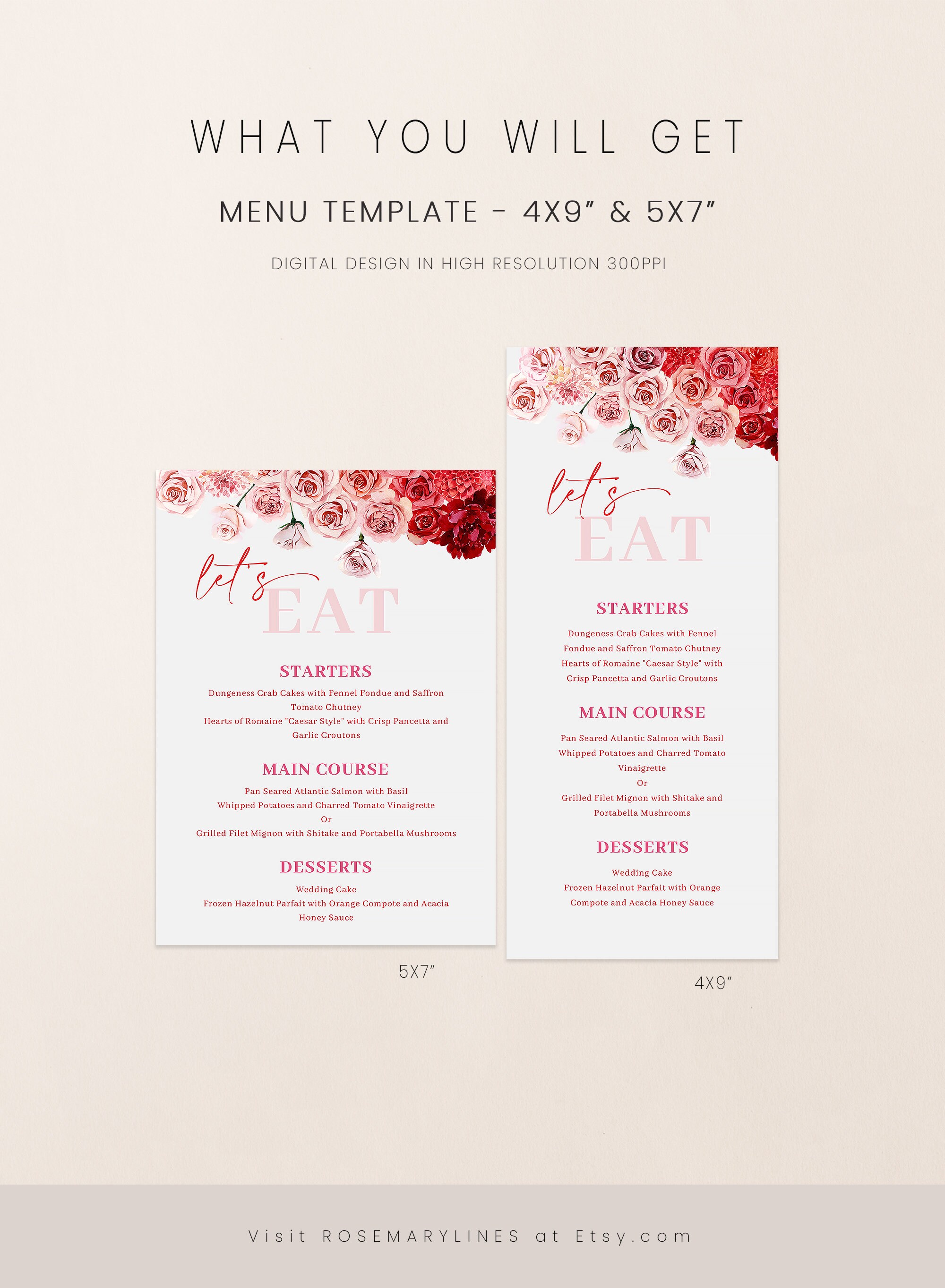 Pink and Red Menu Template Floral Wedding Menu Hot Pink Menu - Etsy