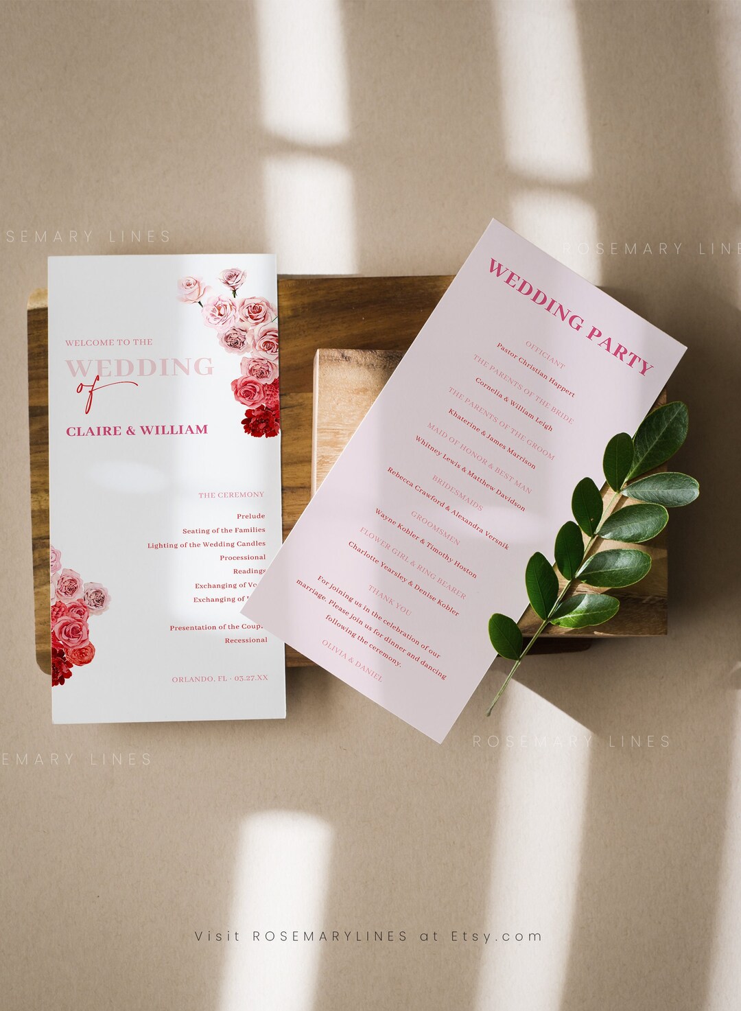 Red and Pink Rose Wedding Program Template, Hot Pink Flowers Wedding ...