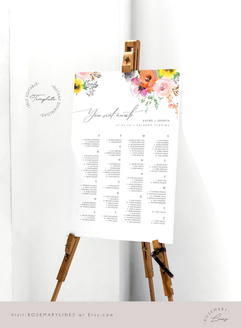 Colorful Flowers Wedding Seating Chart Alphabetical Coral - Etsy