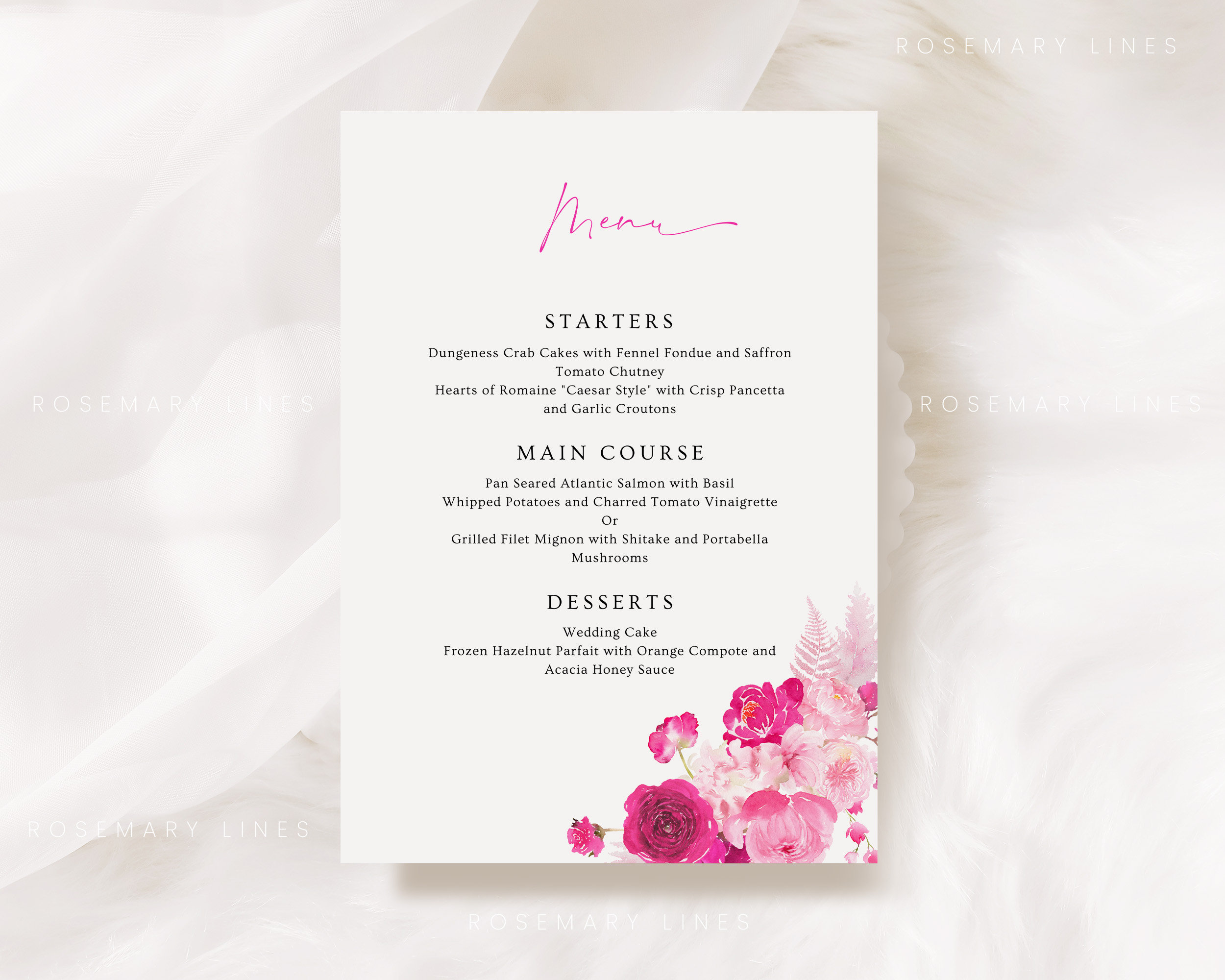 Modern Hot Pink Wedding Menu Template, Red and Pink Floral Wedding Menu ...