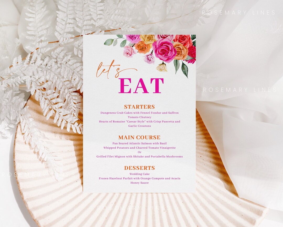 Pink Orange Wedding Menu Template, Hot Pink Floral Menu Cards, Bridal ...
