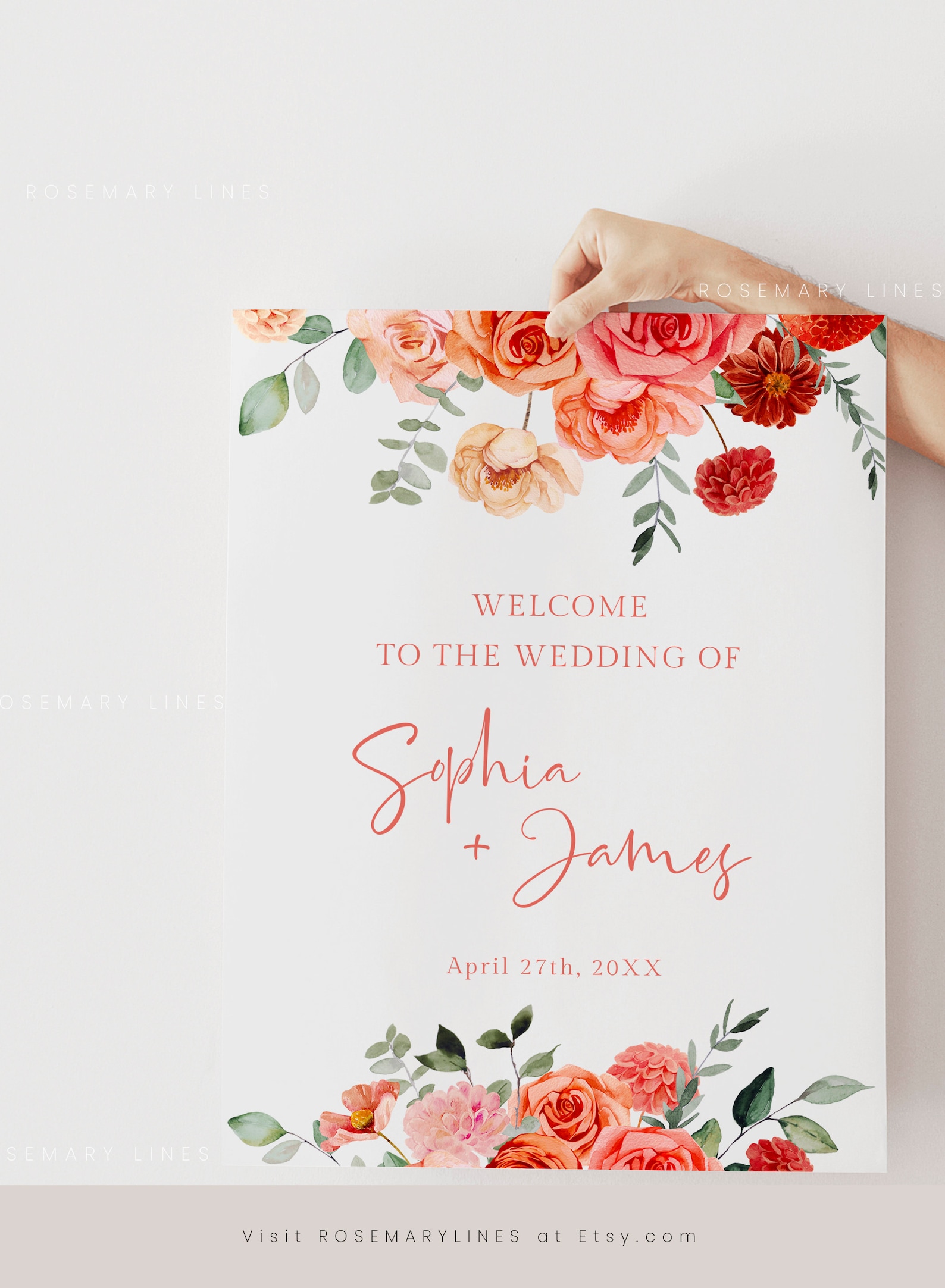 Coral Wedding Welcome Sign Template, Vibrant Orange Peach Floral ...