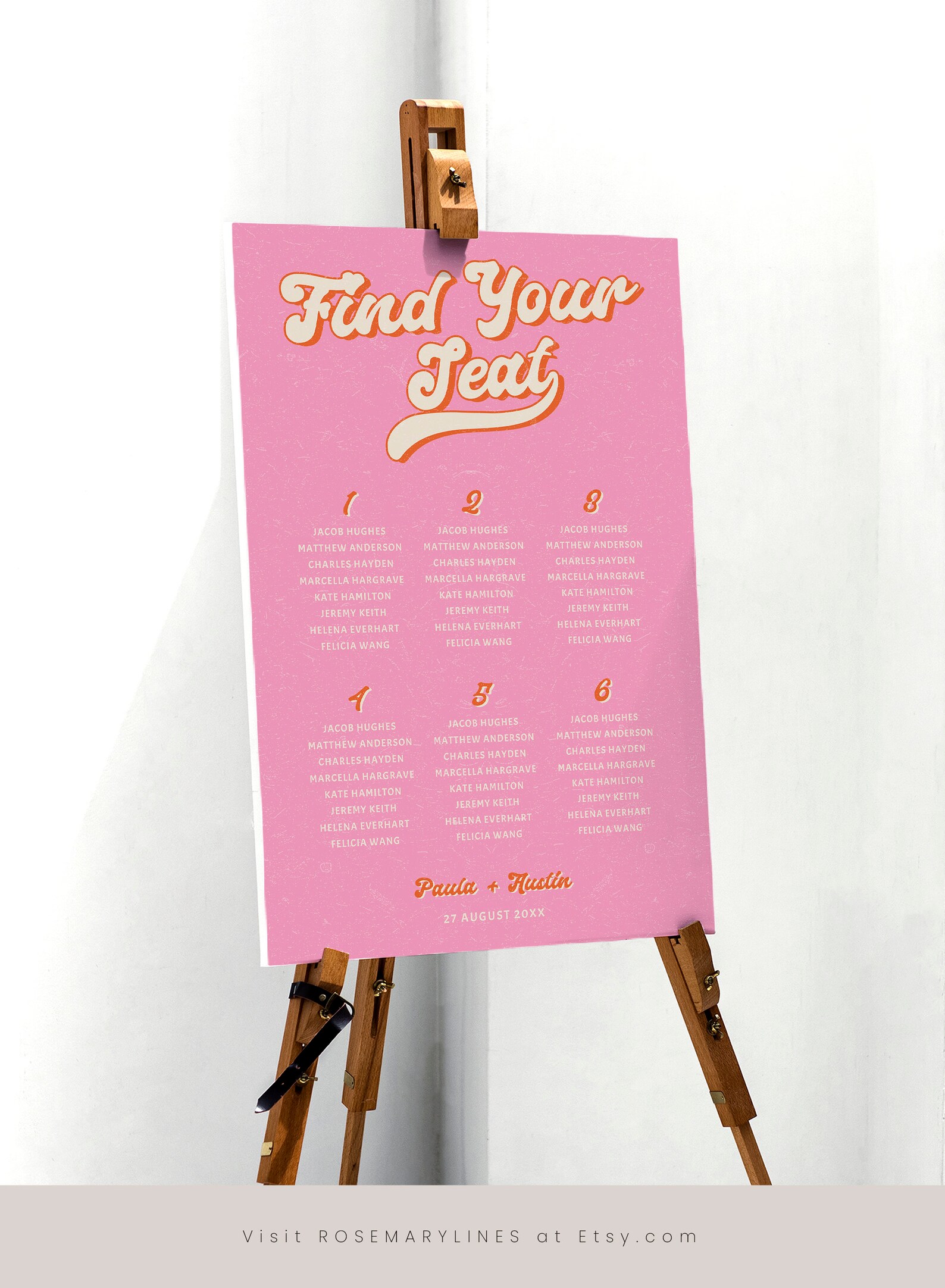 Retro Bright Pink Seating Chart Template, Hot Pink Orange Wedding ...