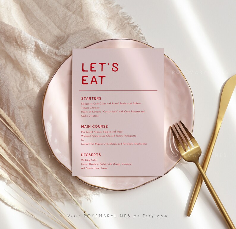 Pink and Red Wedding Menu Template Modern Retro Menu Cards | Etsy