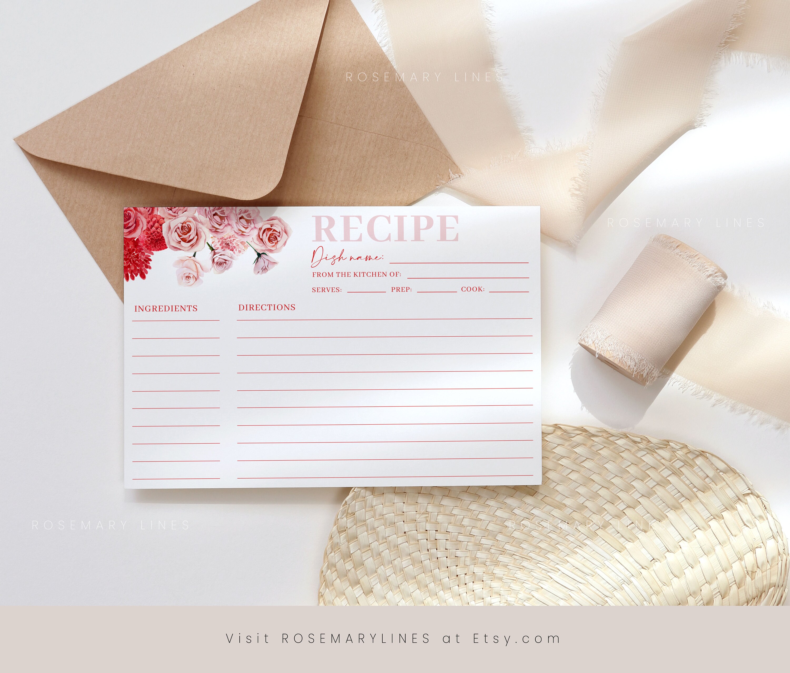 Red and Pink Floral Recipe Cards Hot Pink Recipe Card - Etsy