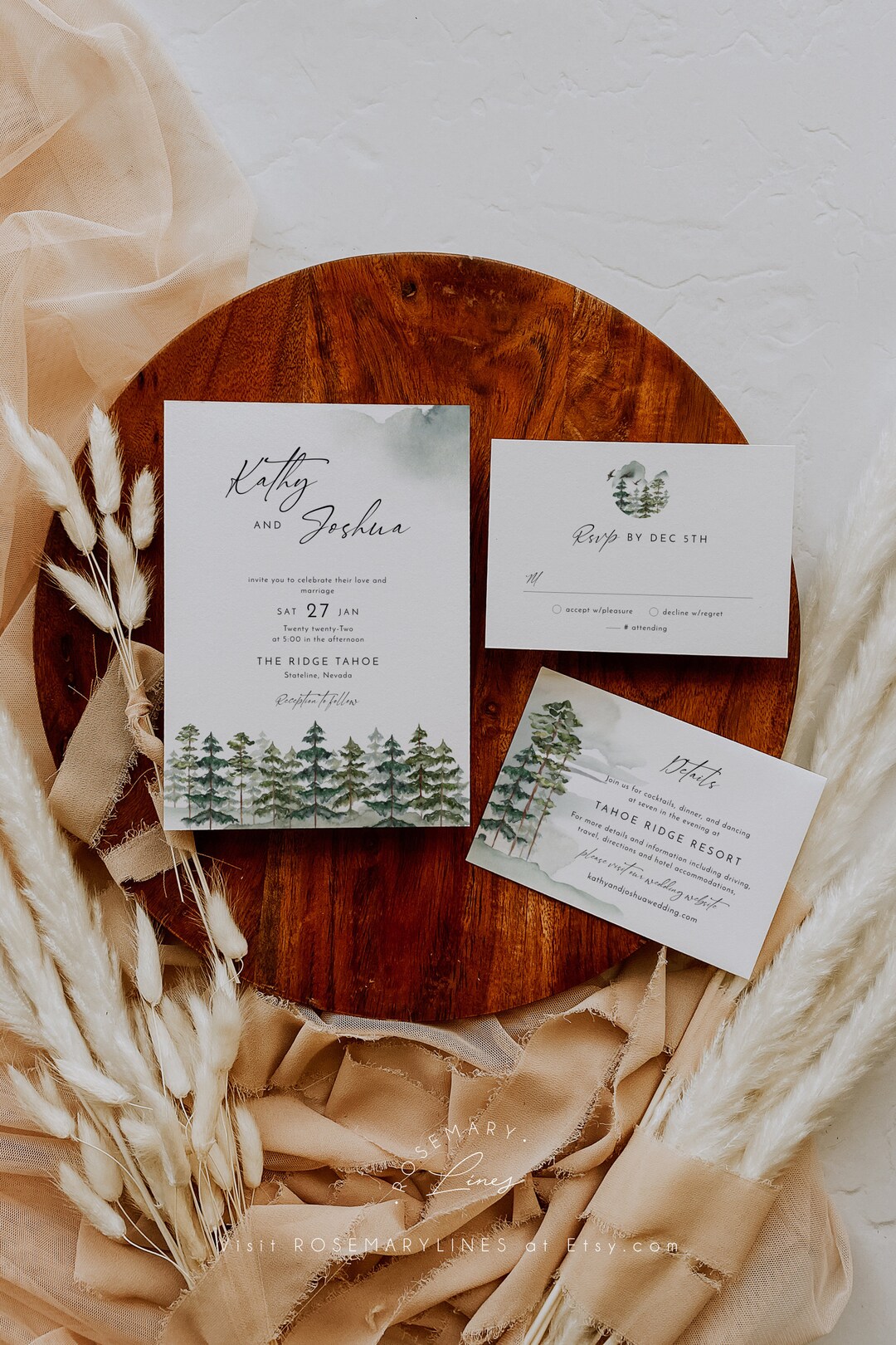 Pine Wedding Invitation Set Template, Pine Forest Wedding Invitations ...