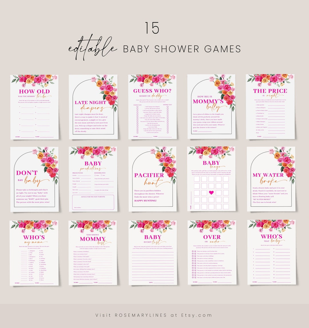Pink Orange Baby Shower Games Bundle Template, Hot Pink Floral Baby ...