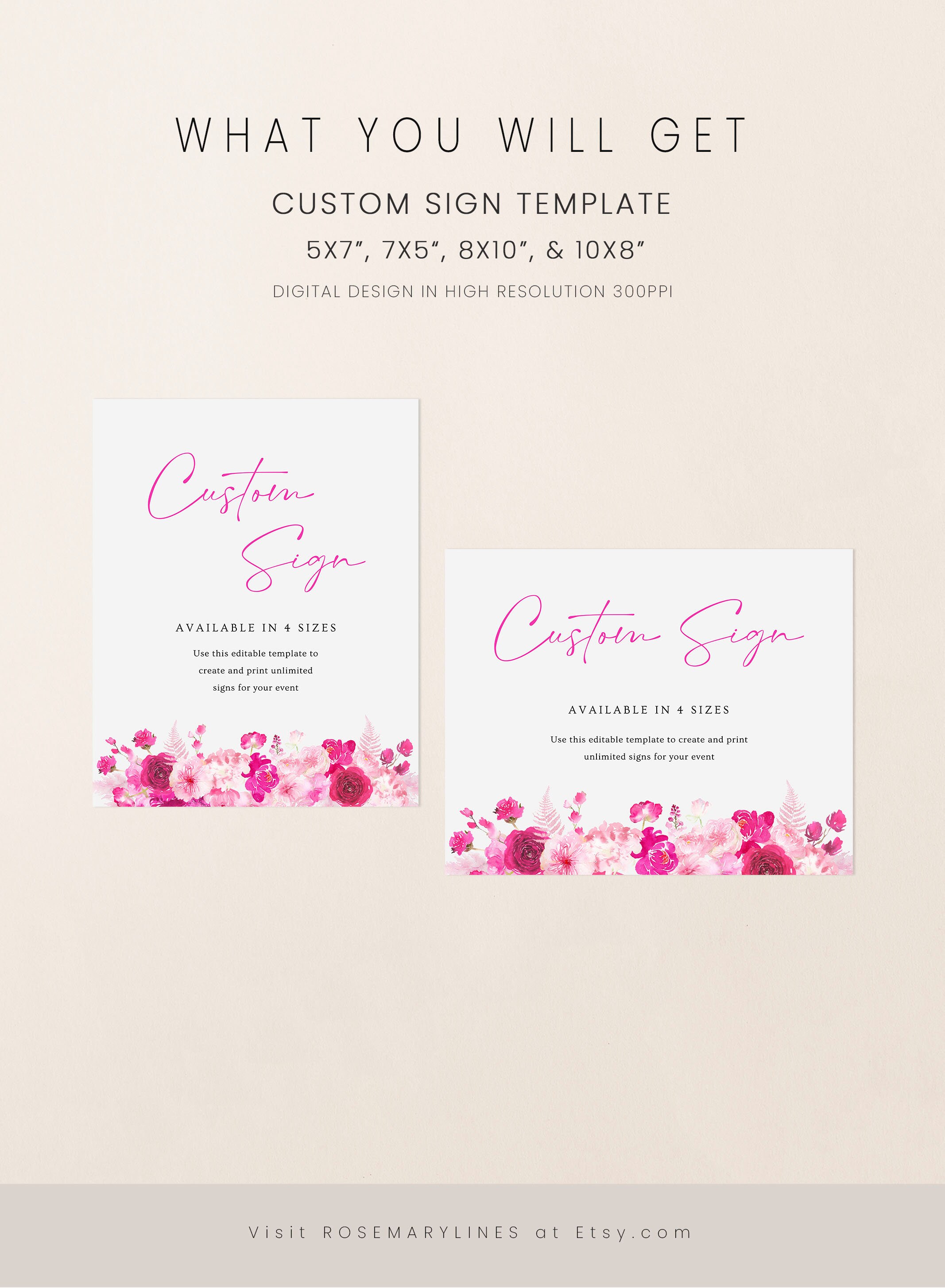 Hot Pink Custom Sign Template Blush Bubblegum Pink Floral - Etsy