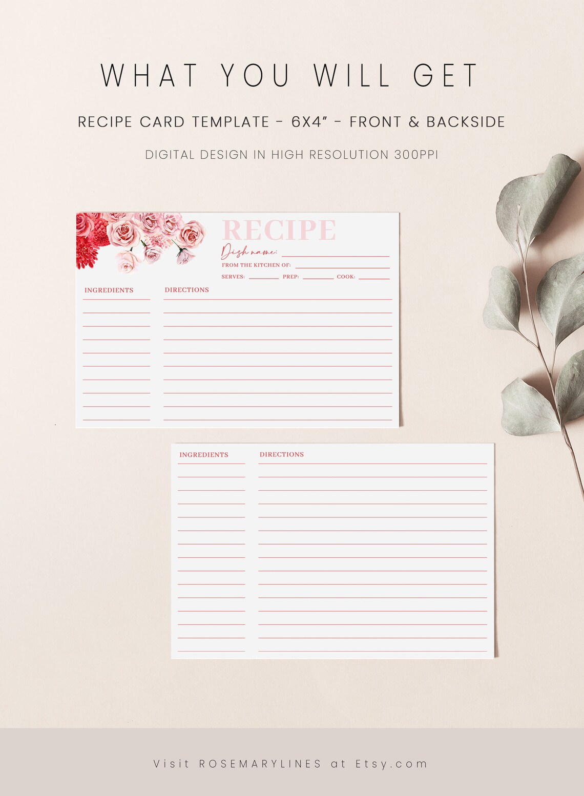 Red and Pink Floral Recipe Cards Hot Pink Recipe Card - Etsy