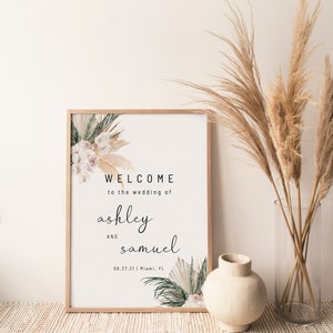 Tropical Boho Wedding Welcome Sign, Pampas Grass Welcome Sign Template ...