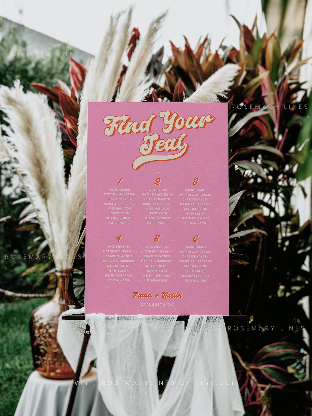 Retro Bright Pink Seating Chart Template, Hot Pink Orange Wedding ...