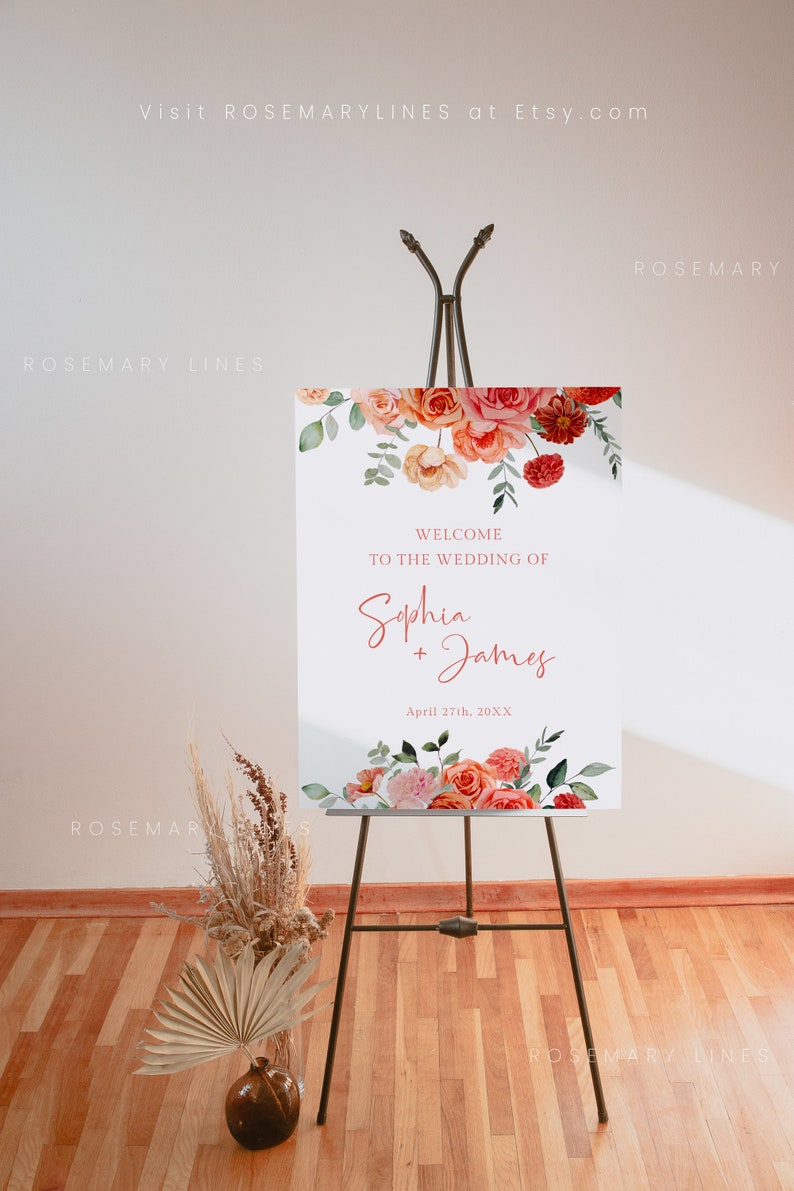 Coral Wedding Welcome Sign Template, Vibrant Orange Peach Floral ...