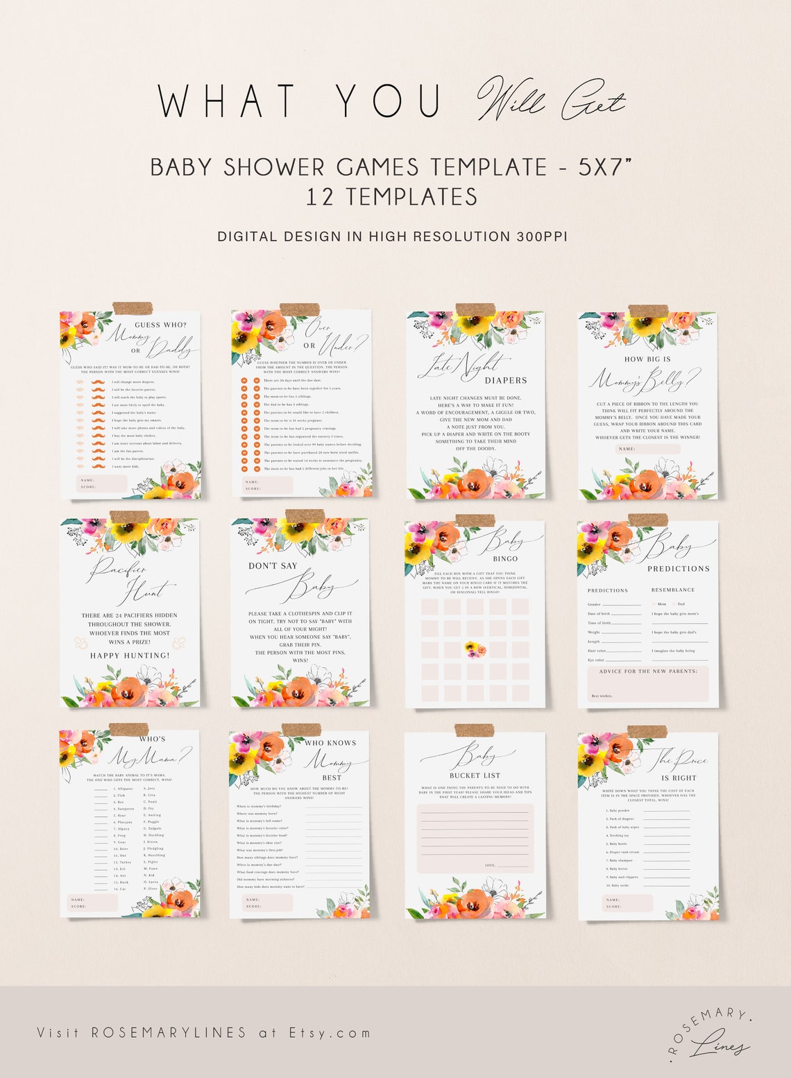 Summer Baby Shower Games Bundle Bright Colorful Floral Baby - Etsy