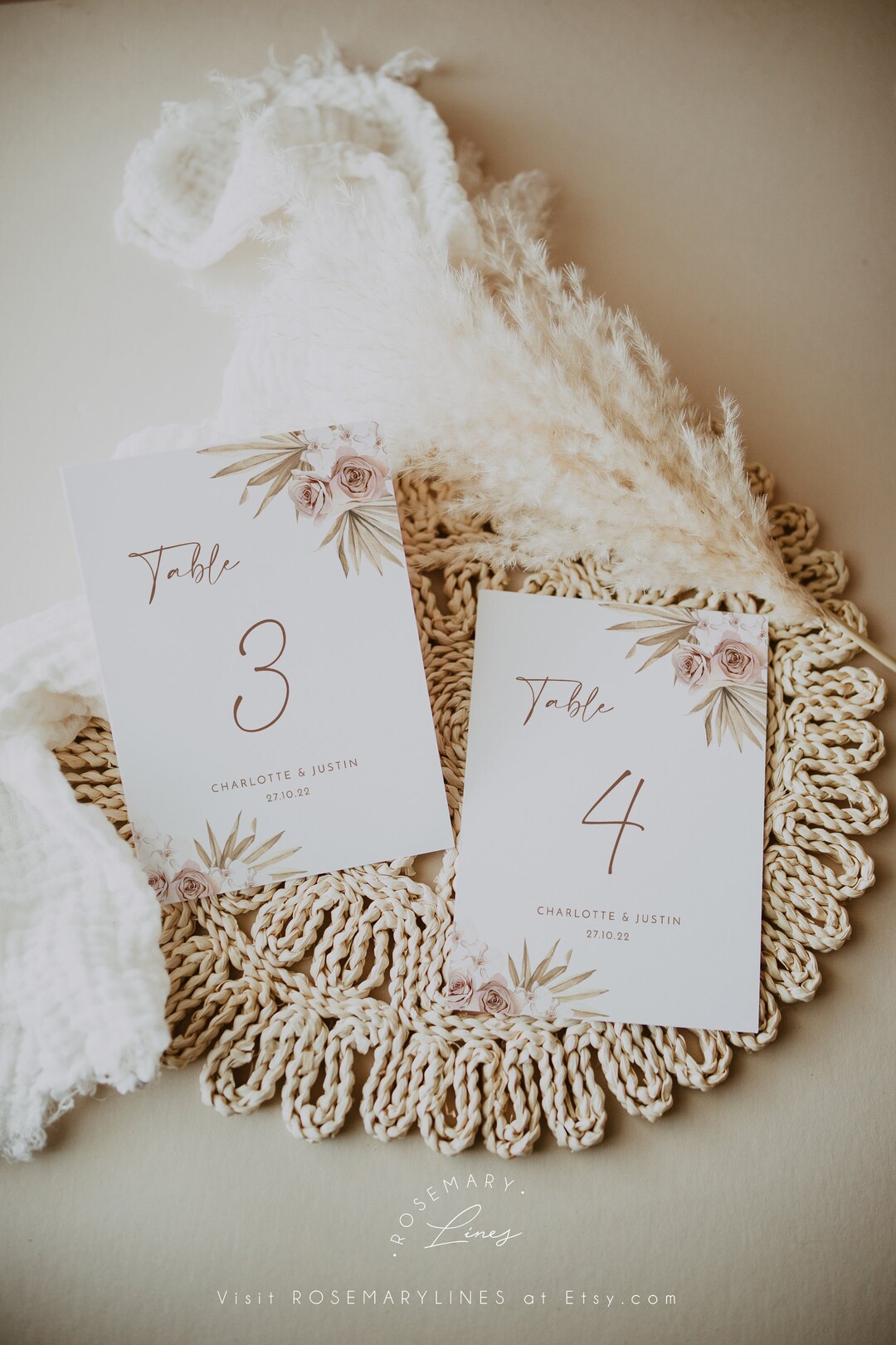 Blush Boho Wedding Table Numbers, Dried Palm Table Number Template ...