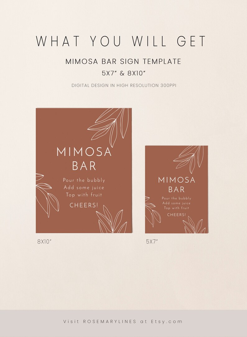 Terracotta Mimosa Bar Sign Template Minimal Leaves Boho Rust | Etsy