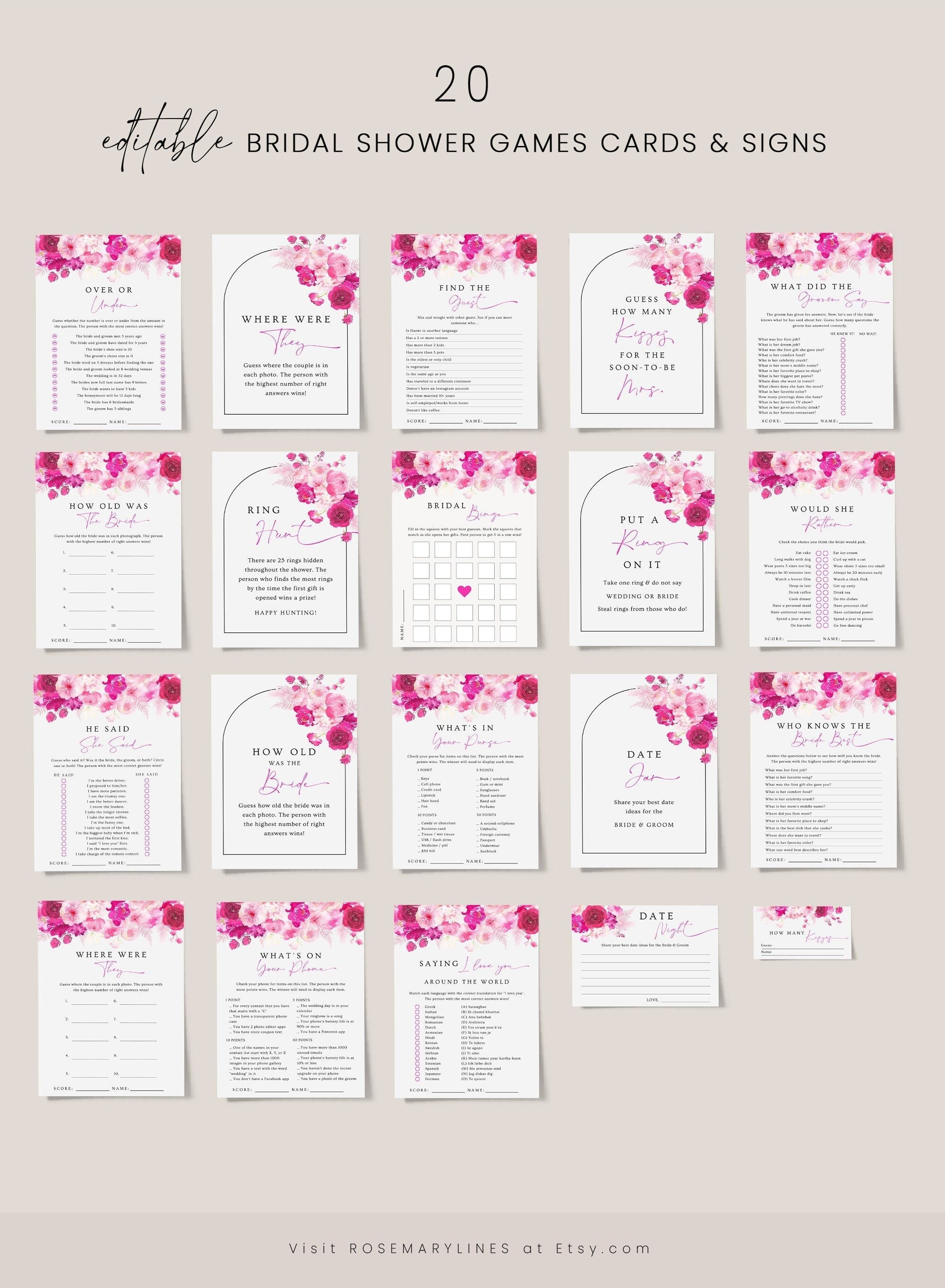 Hot Pink Bridal Shower Games Template, Red and Pink Floral Bridal ...