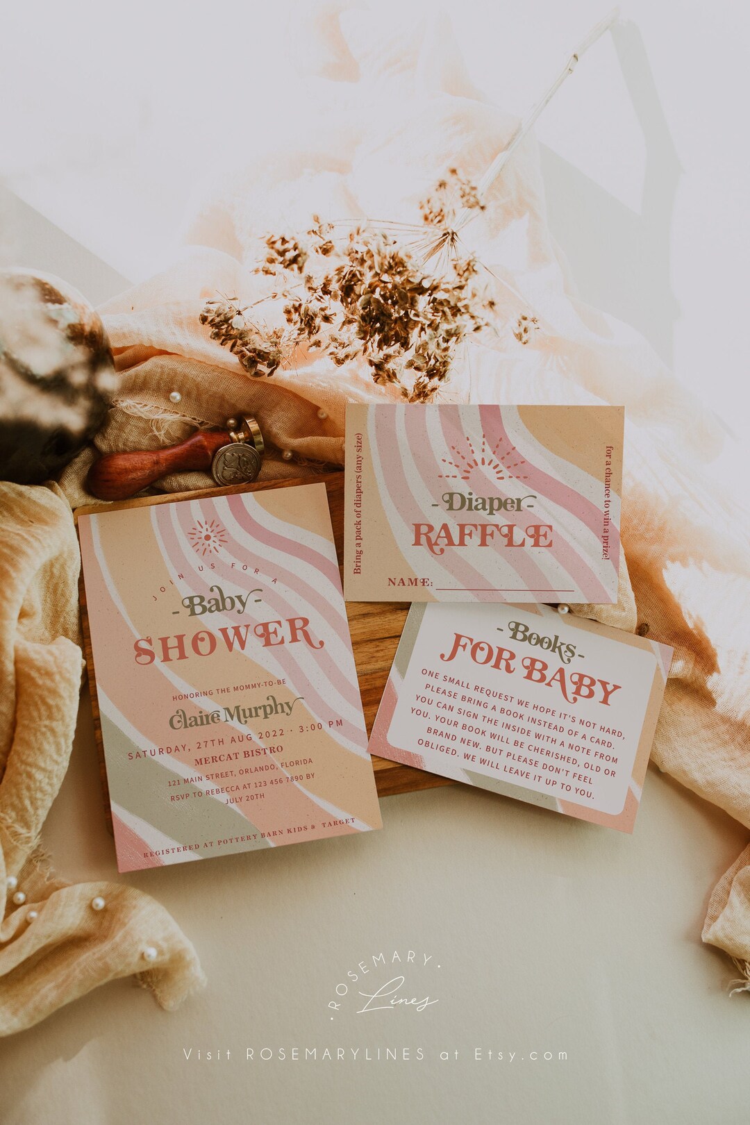 Retro Baby Shower Invitation Set Template, Boho 70s Baby Shower ...