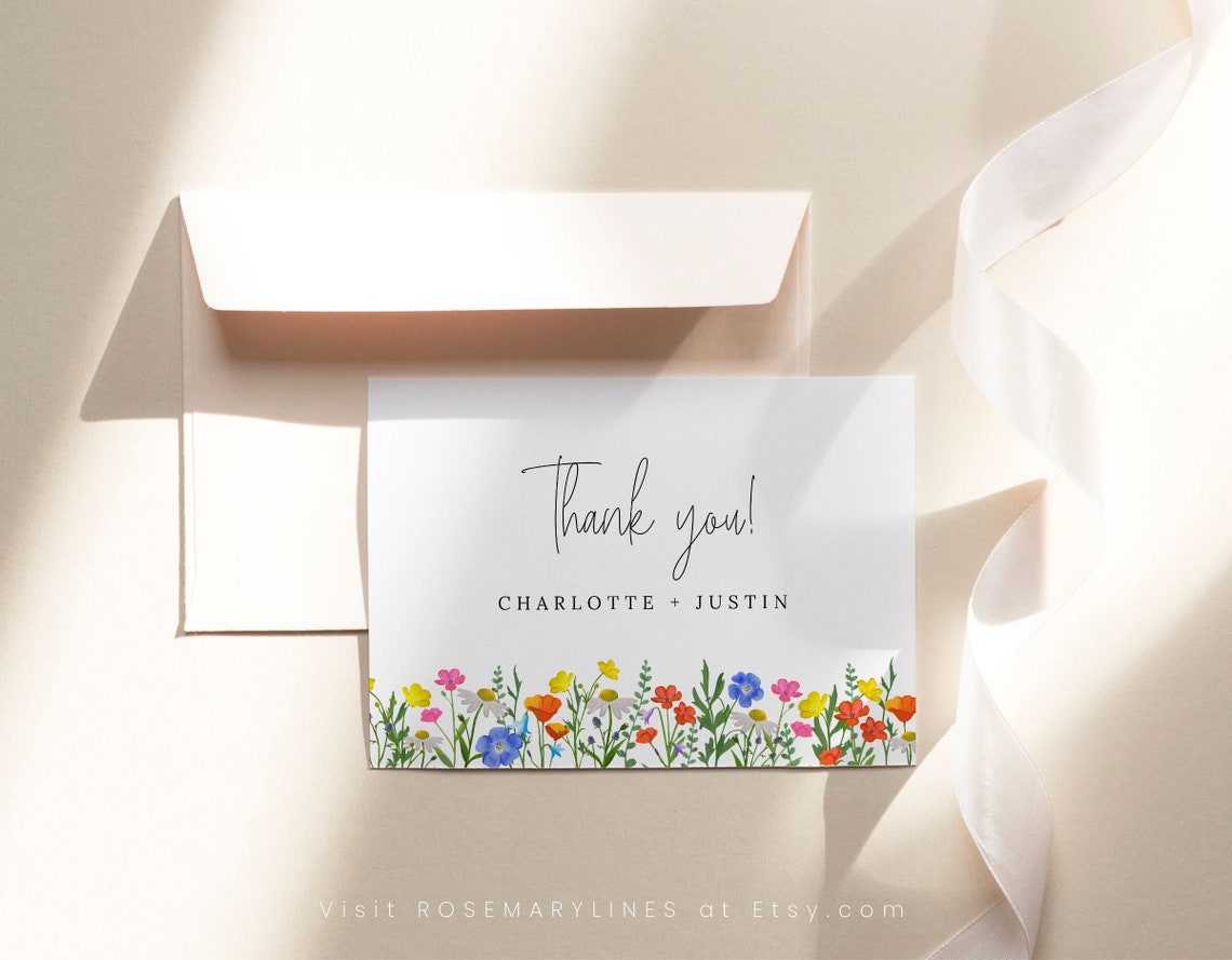 Wildflower Thank You Card Template Botanical Wildflowers | Etsy