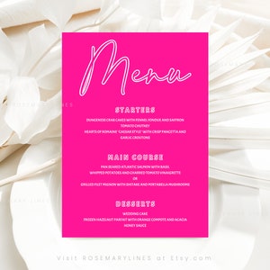 Modern Hot Pink Menu Template, Pink Wedding Menu, Bright Pink Bridal ...