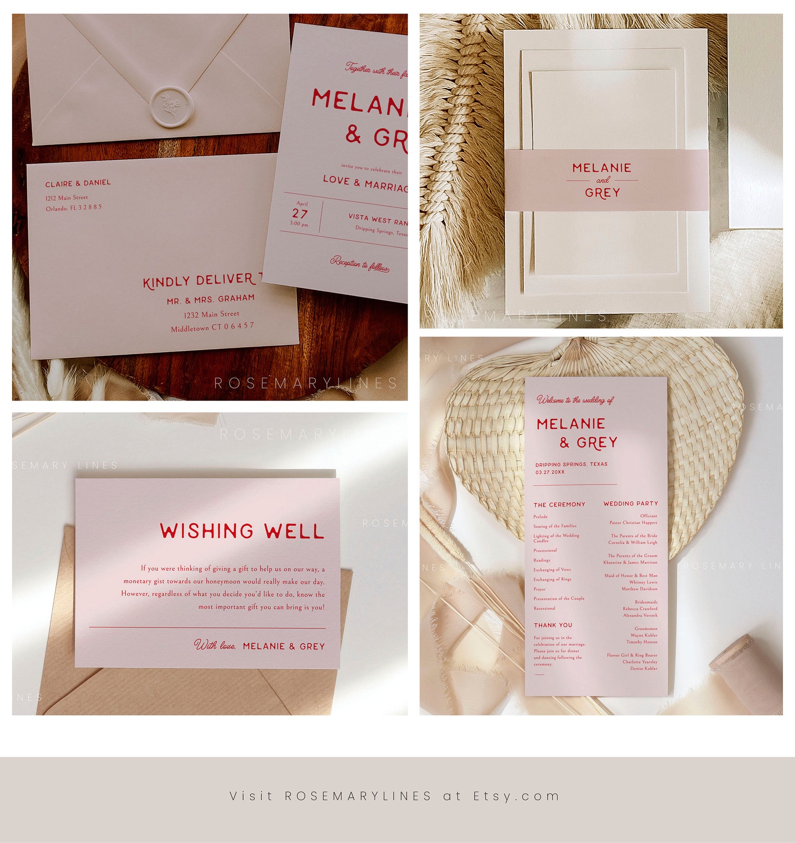 Modern Retro Wedding Invitation Bundle Pink and Red Wedding - Etsy