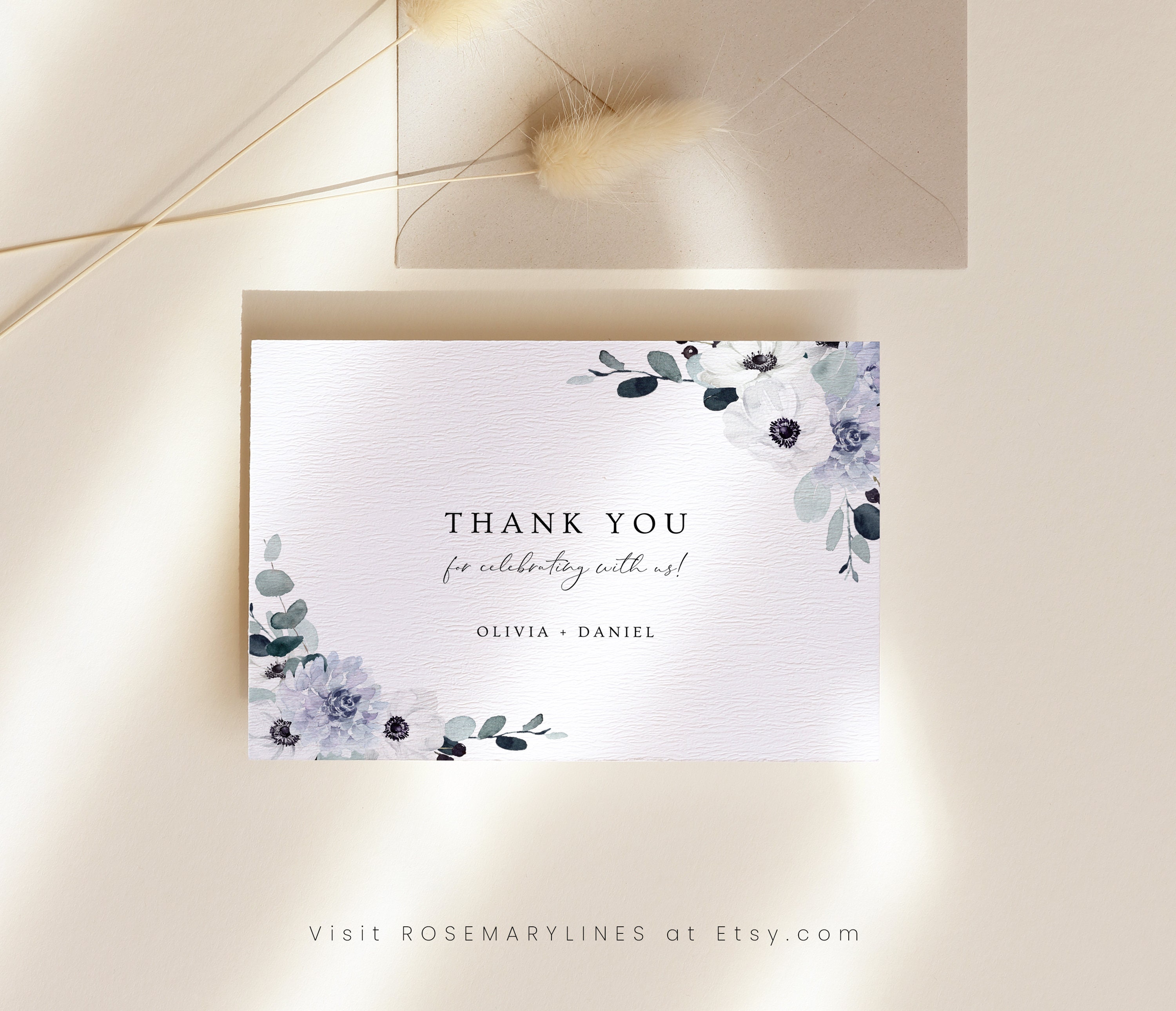 Dusty Blue Floral Thank You Card Template, Rustic Winter Wedding Thank ...