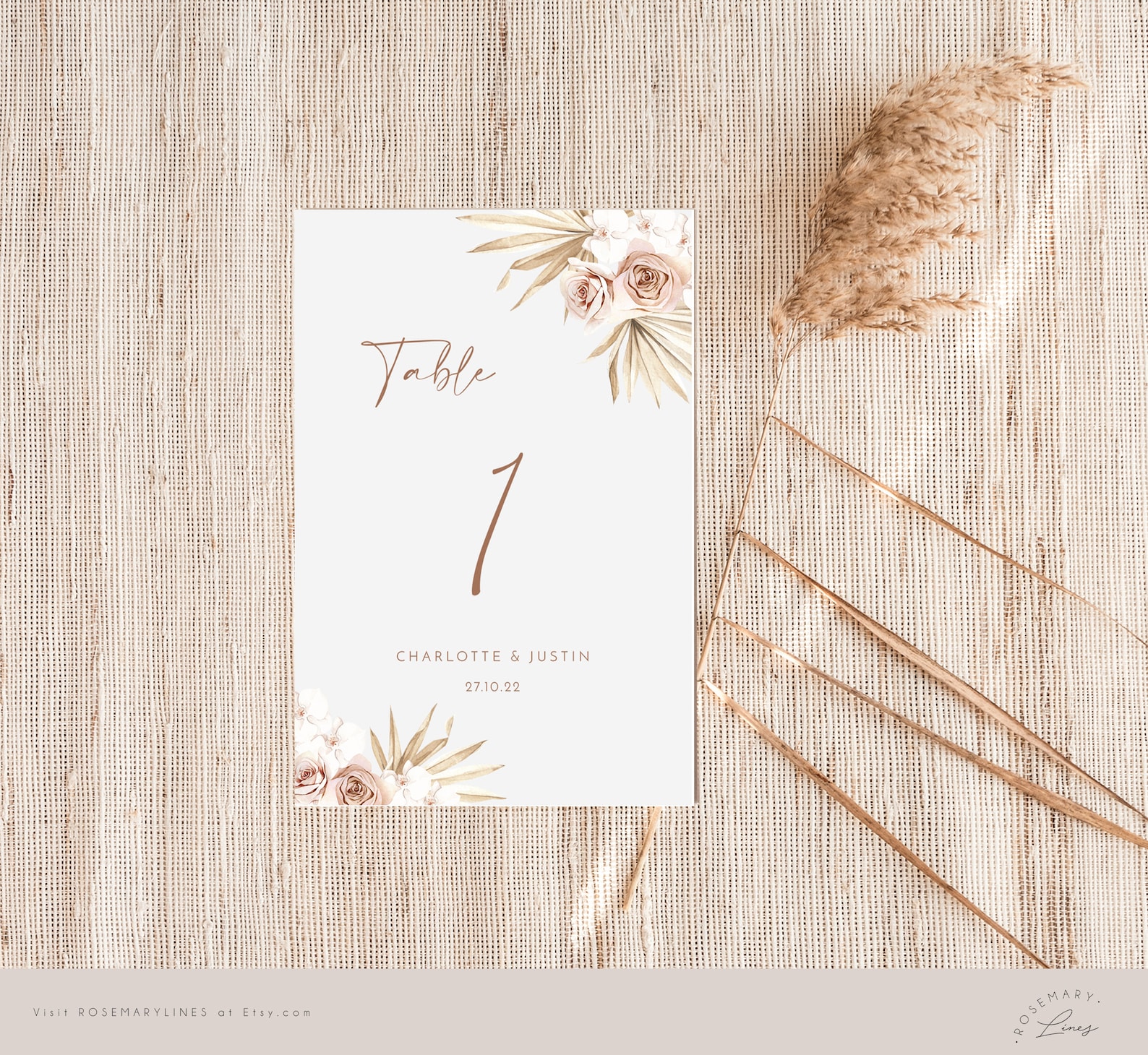 Blush Boho Wedding Table Numbers, Dried Palm Table Number Template ...