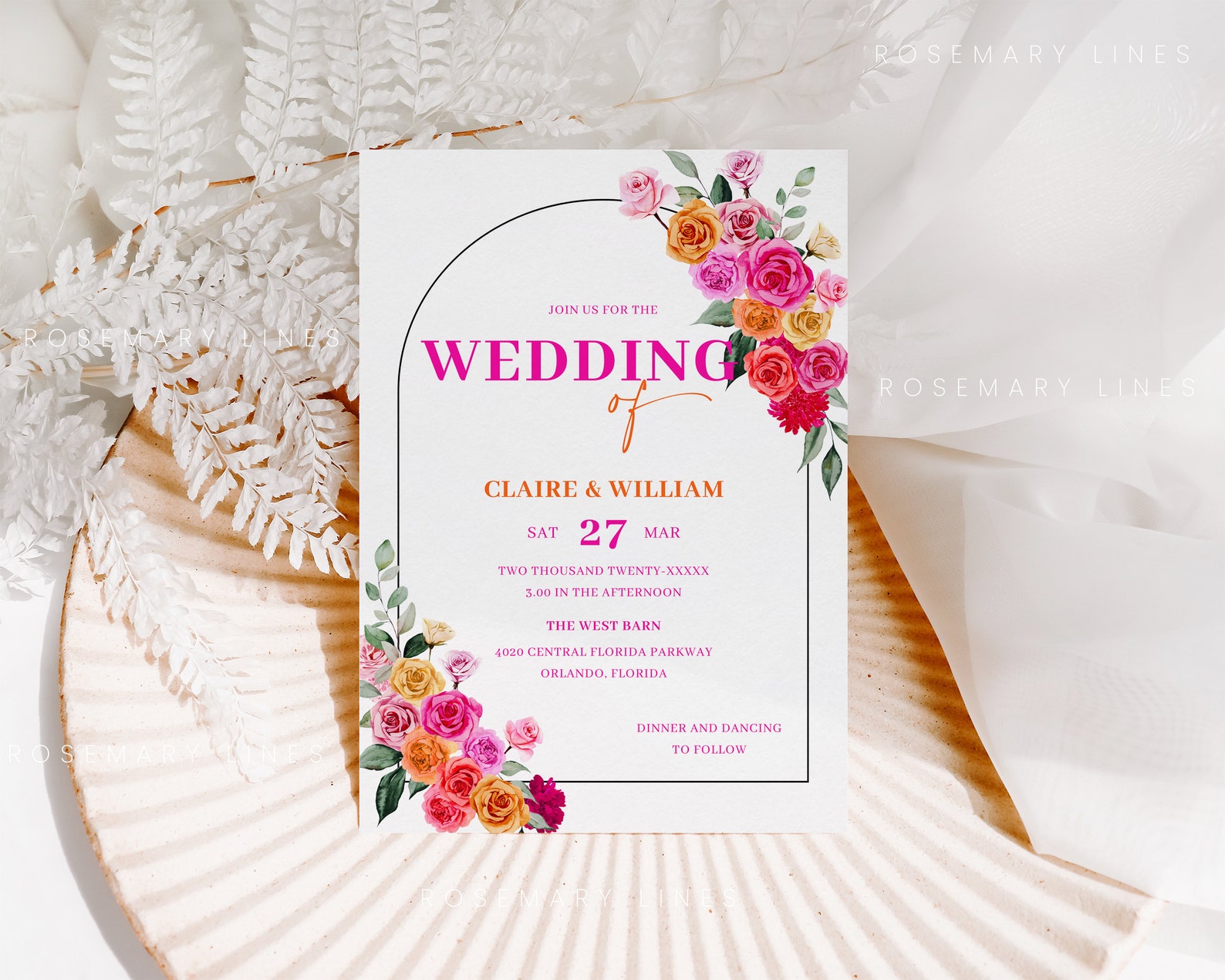 Pink Orange Wedding Invitation Set Template Hot Pink Wedding - Etsy