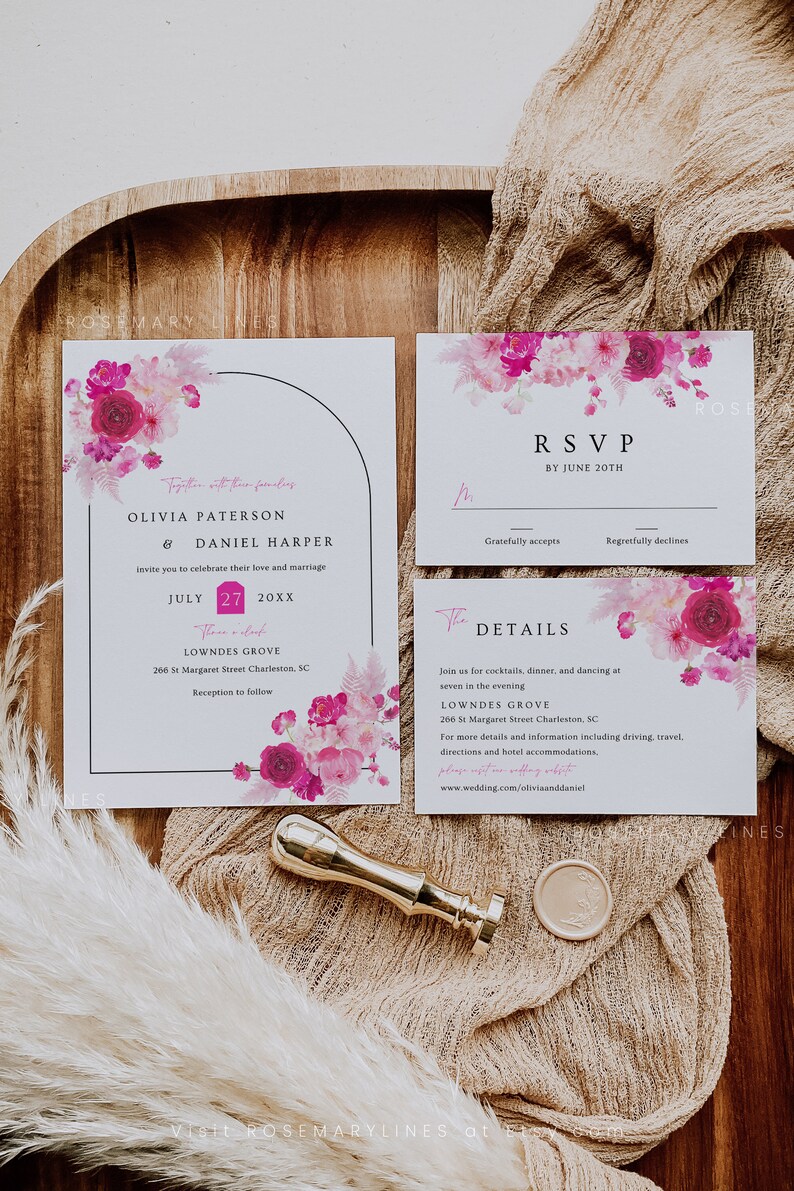Hot Pink Wedding Invitation Set Template Pink and Blush - Etsy