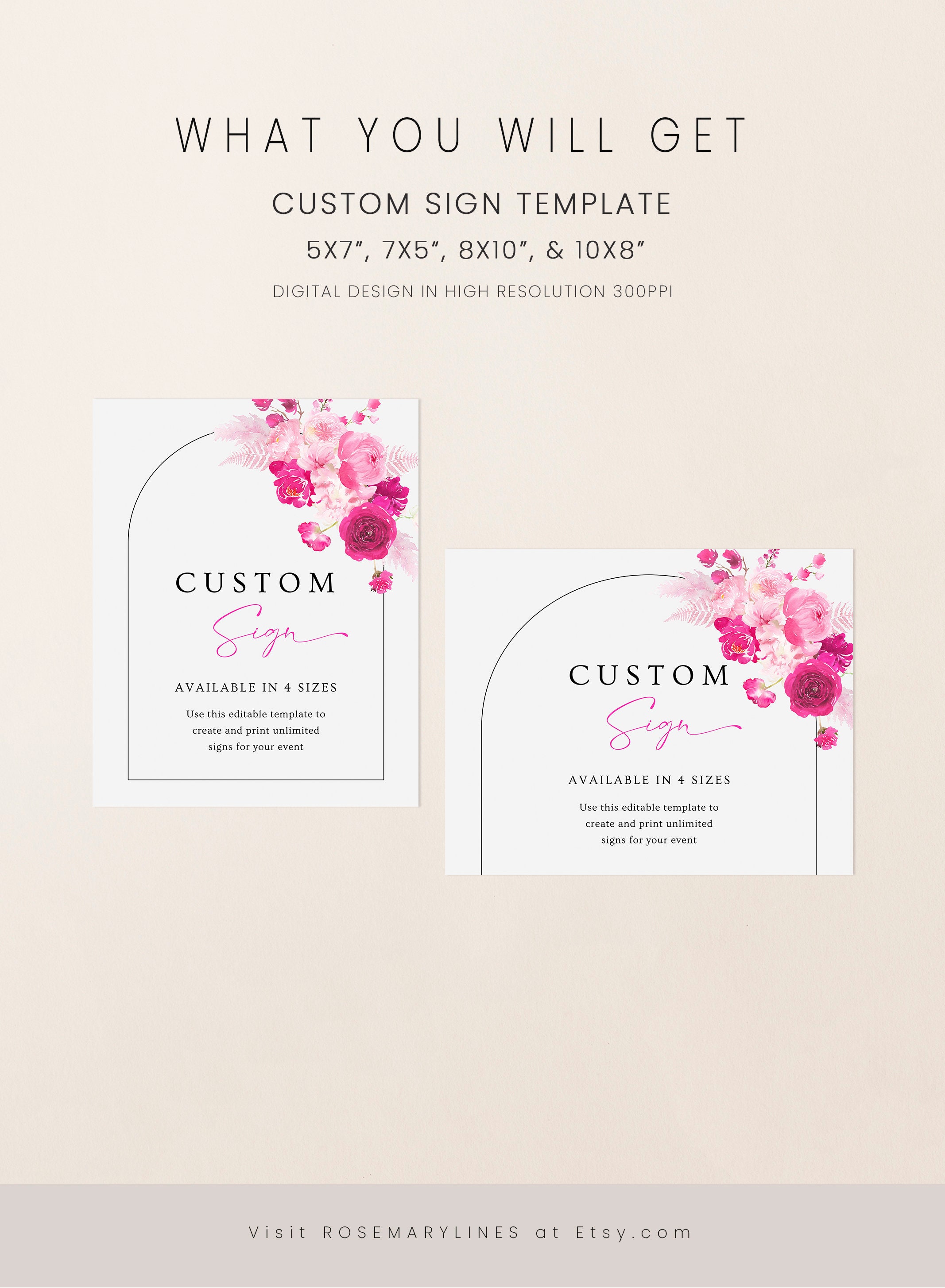 Hot Pink Custom Signs, Blush Bubblegum Pink Floral Custom Sign Template ...