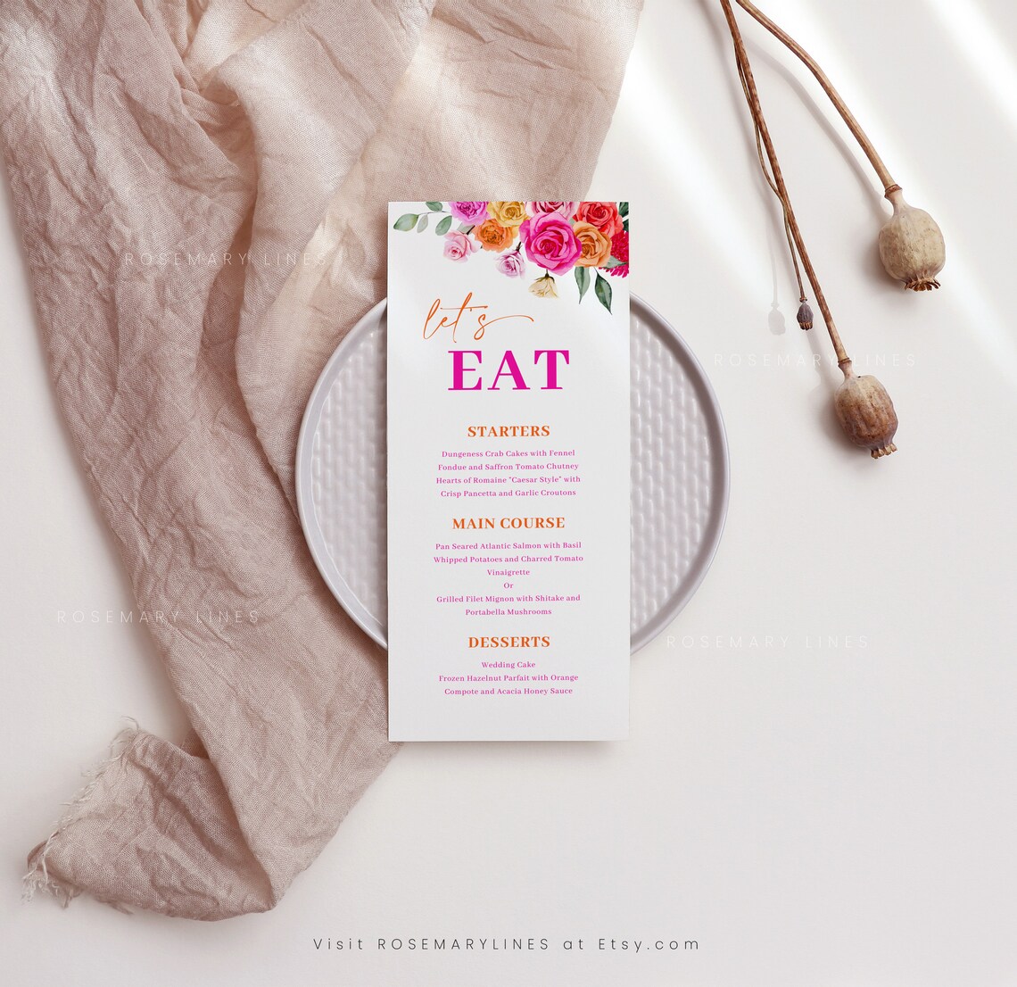 Pink Orange Wedding Menu Template Hot Pink Floral Menu Cards - Etsy