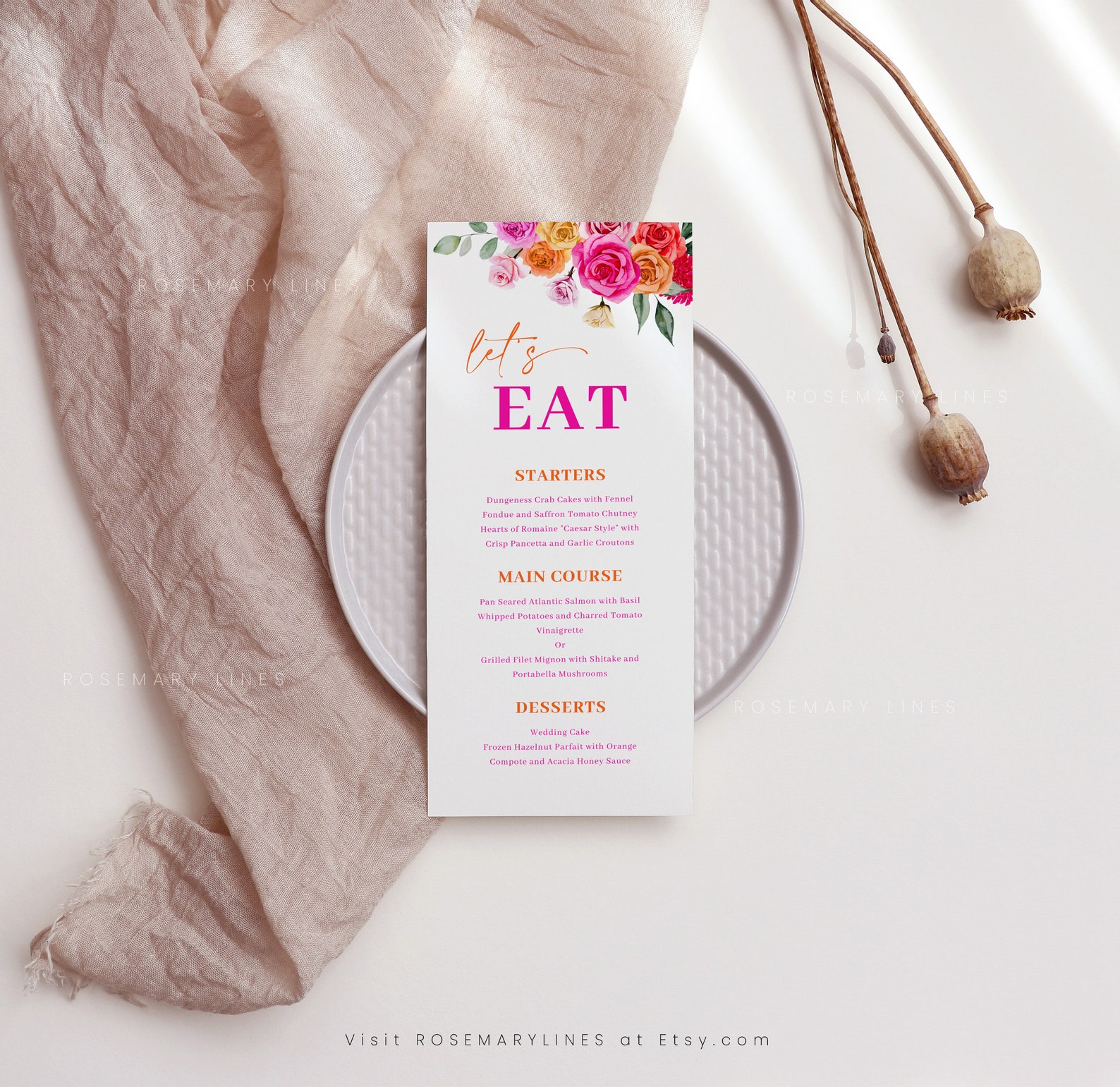 Pink Orange Wedding Menu Template Hot Pink Floral Menu Cards - Etsy