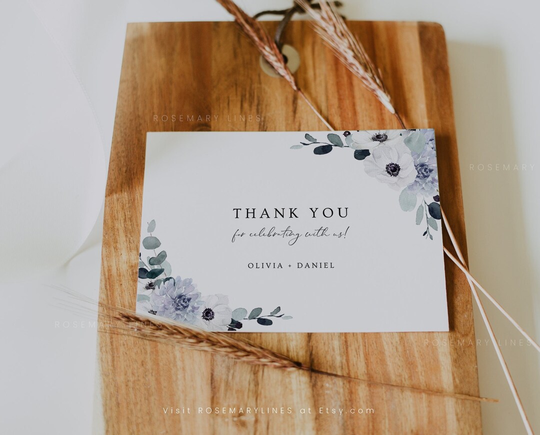 Dusty Blue Floral Thank You Card Template, Rustic Winter Wedding Thank ...