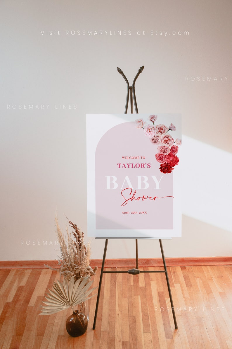 Red and Pink Baby Shower Welcome Sign Template, Hot Pink Flowers ...