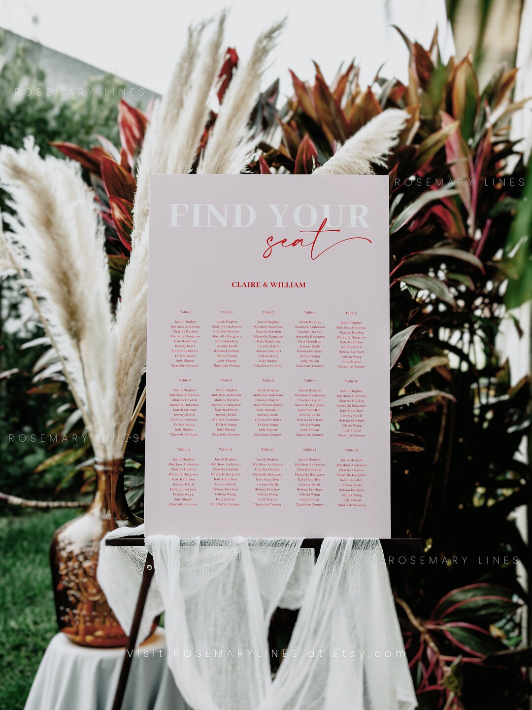 Red and Pink Wedding Seating Chart Template, Blush Pink Seating Chart ...
