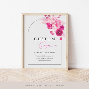 Hot Pink Custom Signs, Blush Bubblegum Pink Floral Custom Sign Template ...