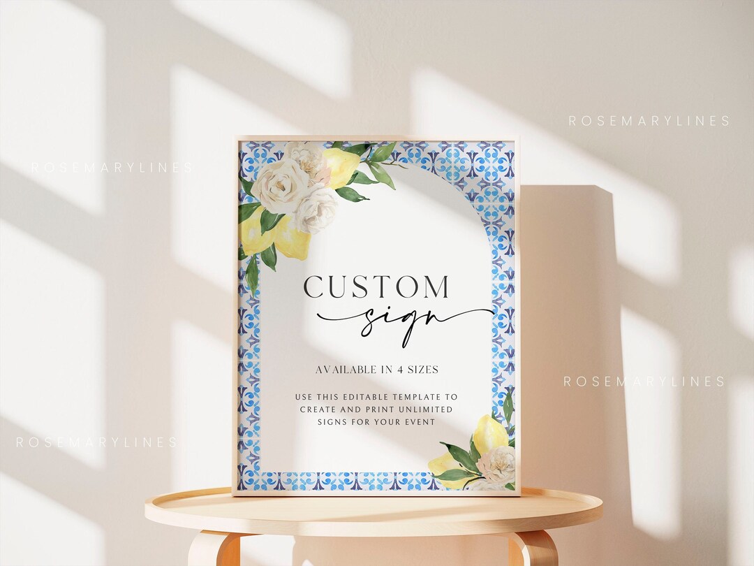 Italian Blue Tiles Lemon Custom Sign Template, Citrus Floral Wedding ...