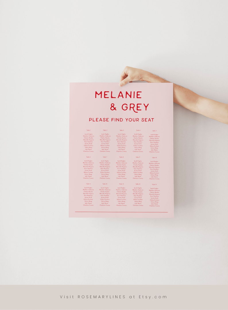 Pink Retro Seating Chart Template, Pink and Red Wedding Seating Chart ...