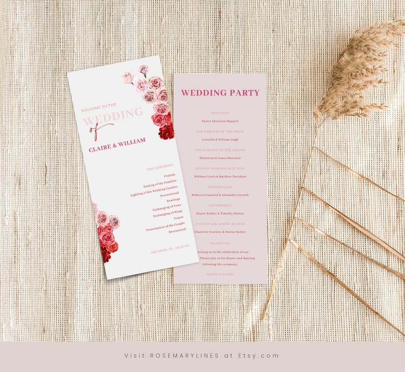 Red and Pink Rose Wedding Program Template Hot Pink Flowers - Etsy