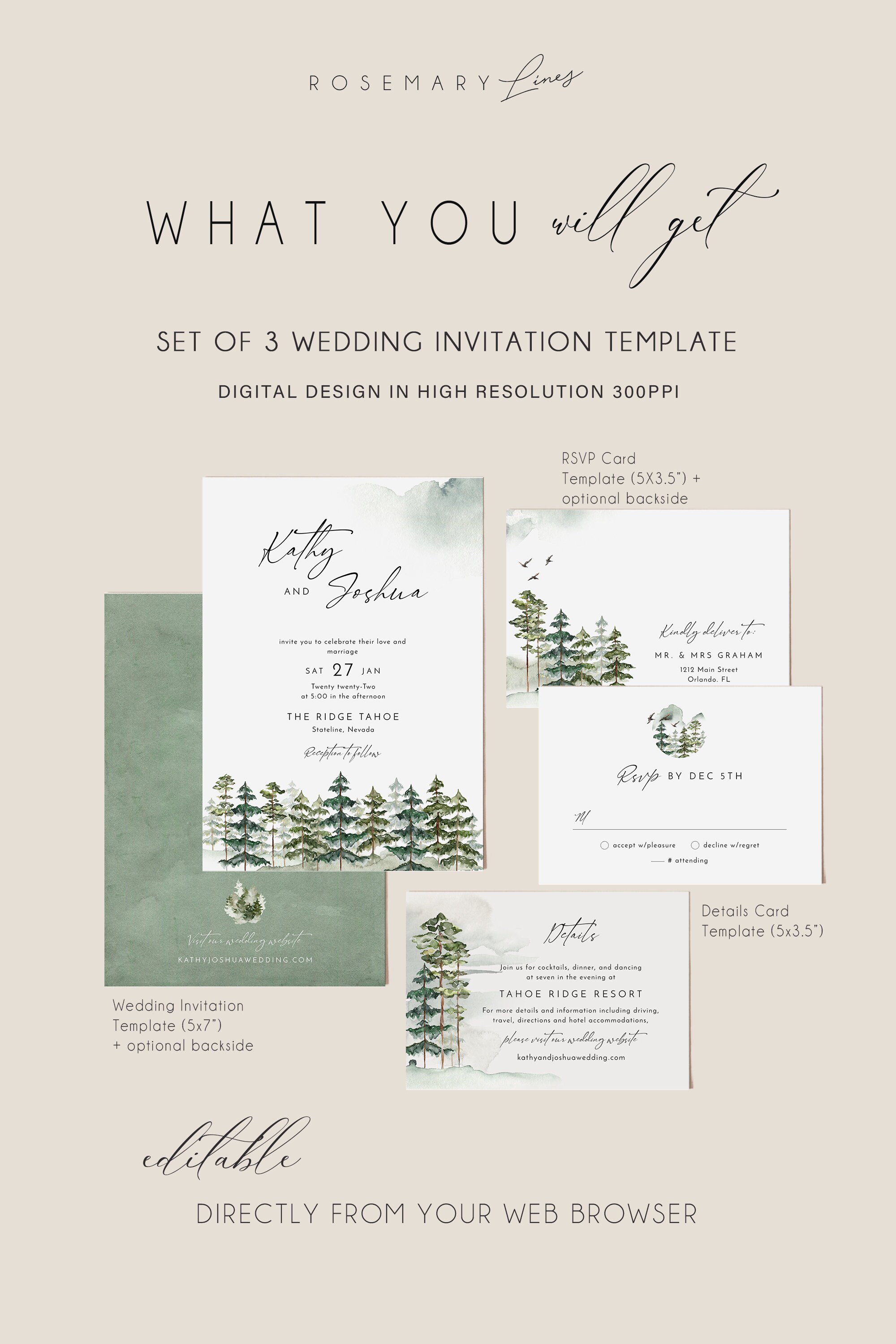 Pine wedding invitation set template pine forest wedding | Etsy