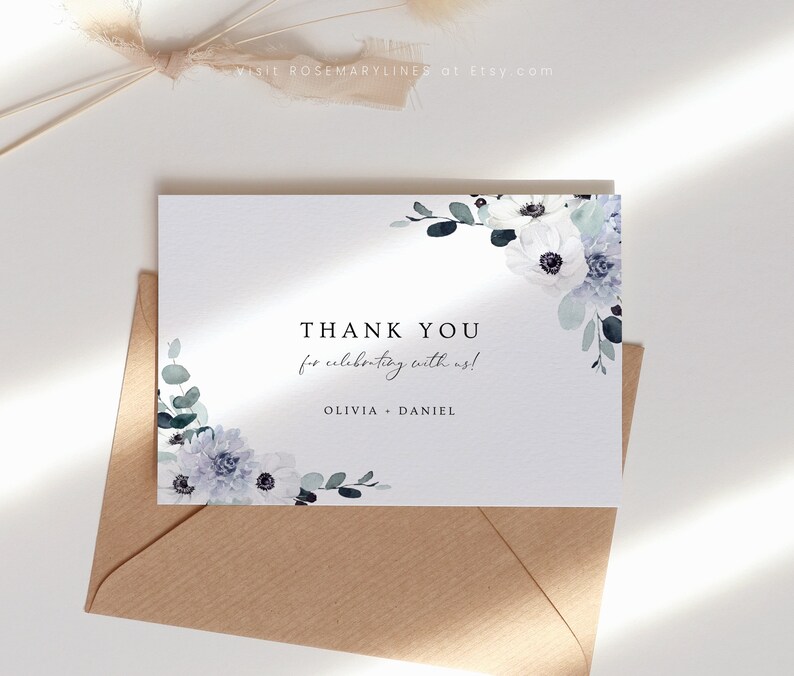 Dusty Blue Floral Thank You Card Template, Rustic Winter Wedding Thank ...