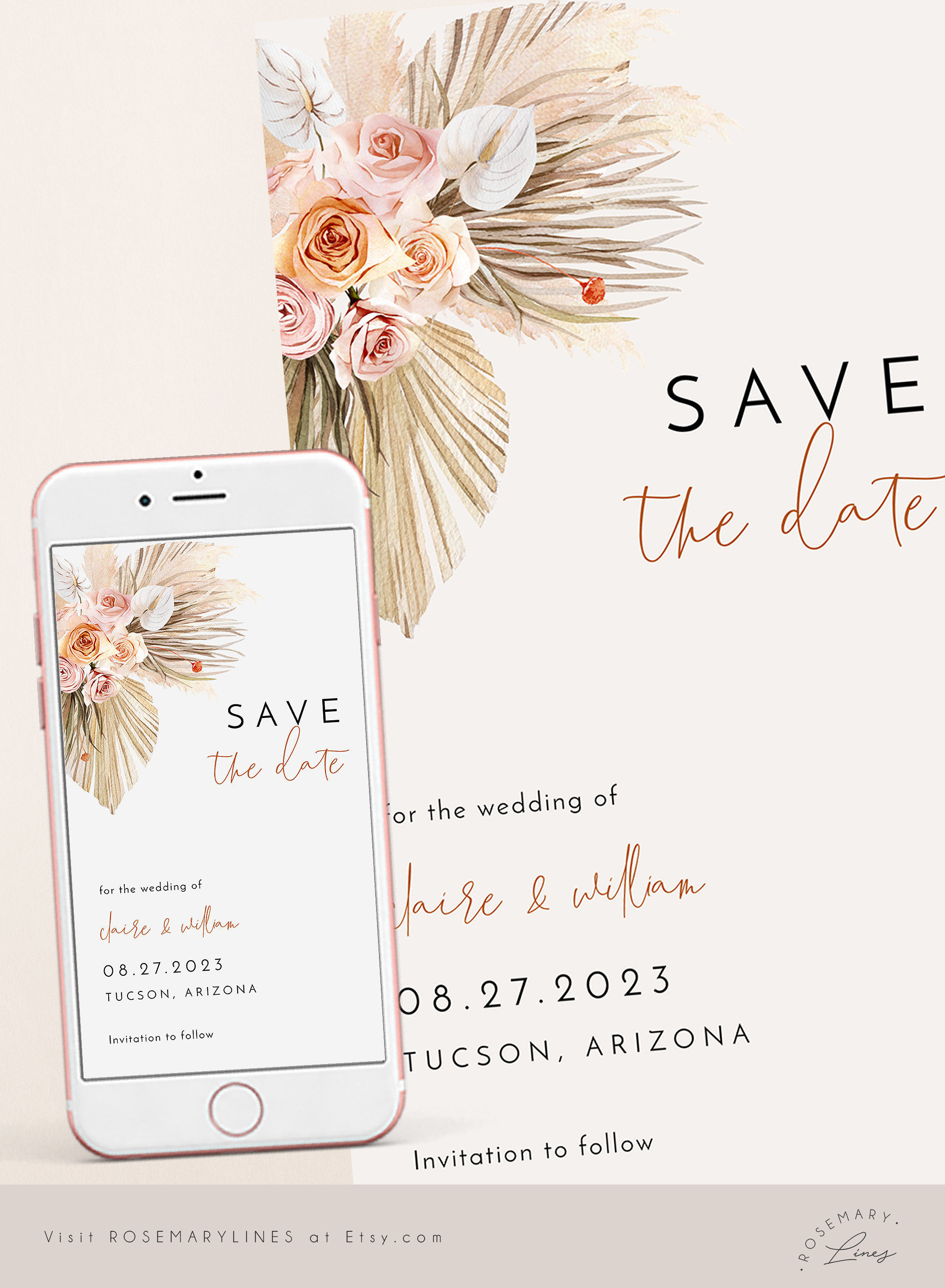 Boho Digital Save the Date Template Dried Palm Pampas Grass | Etsy