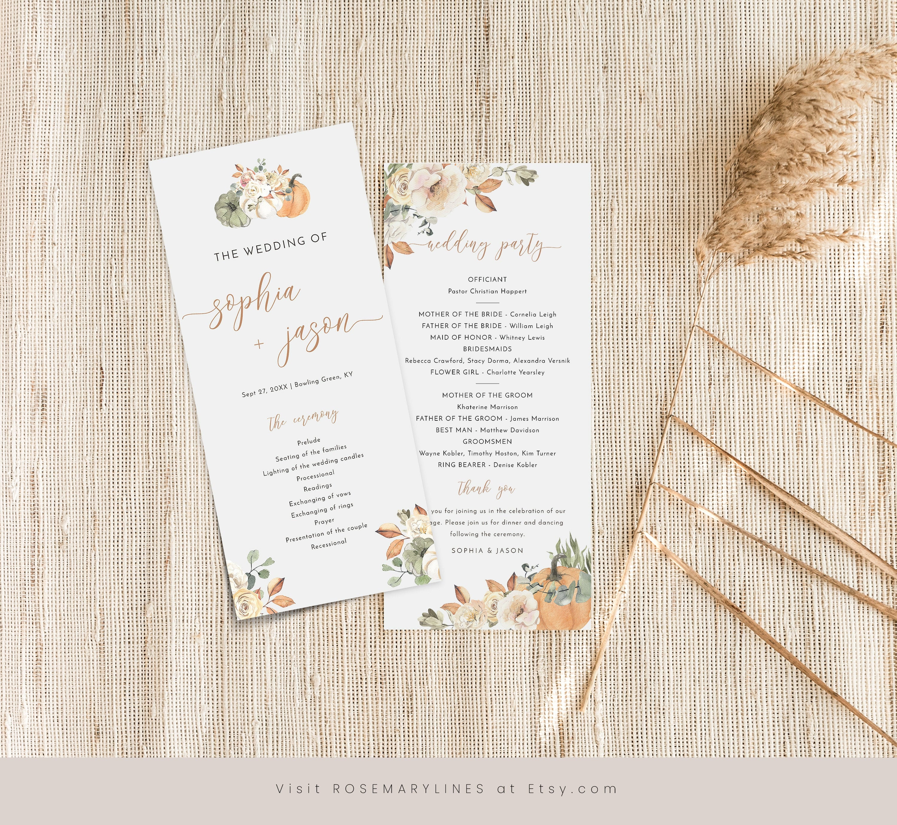 Fall wedding program template orange pumpkin wedding | Etsy