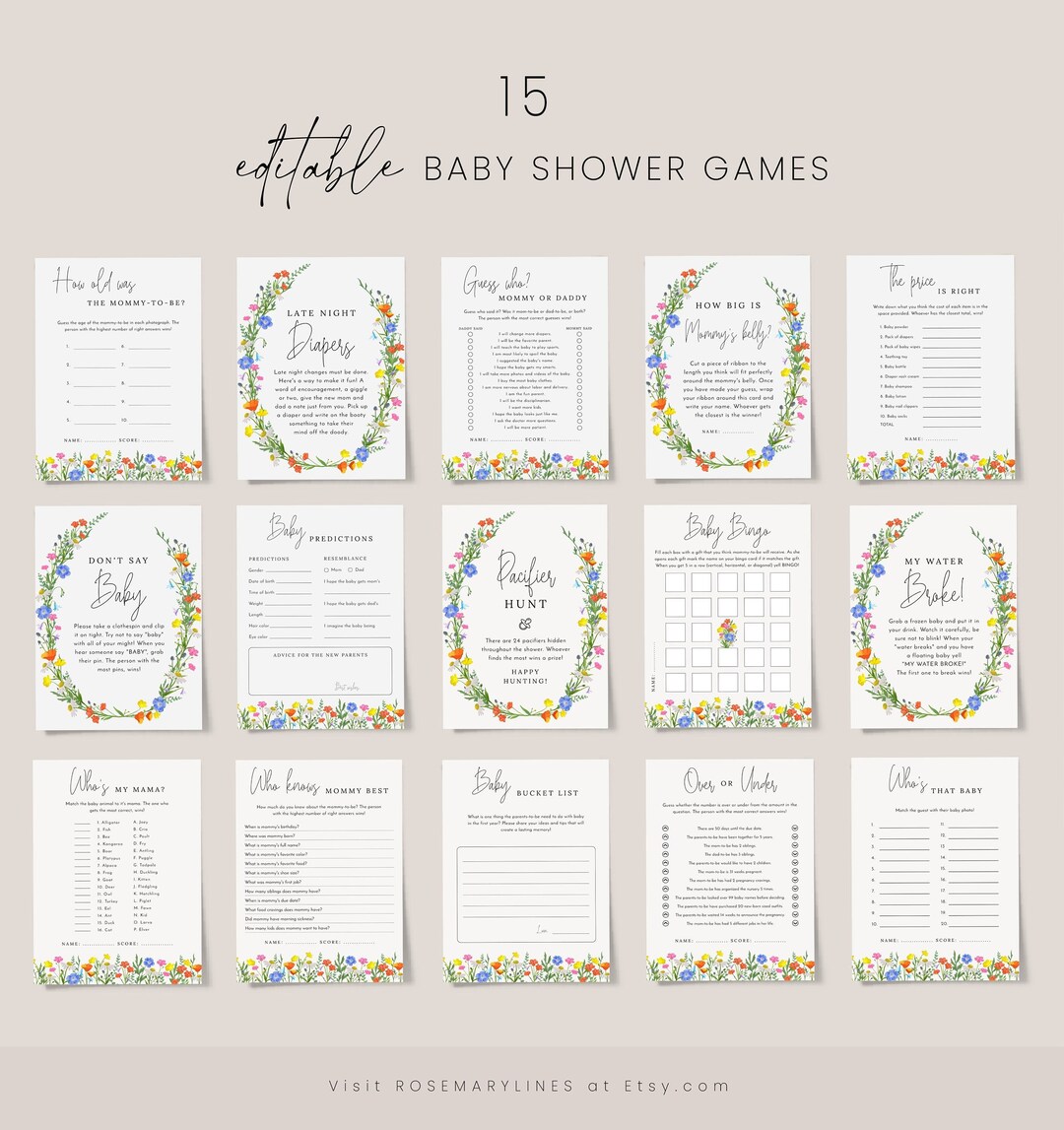 Wildflower Baby Shower Games Bundle, Spring Colorful Floral Baby Shower ...