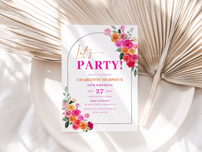 Pink Orange Birthday Invitation for Women, Hot Pink Floral Birthday ...