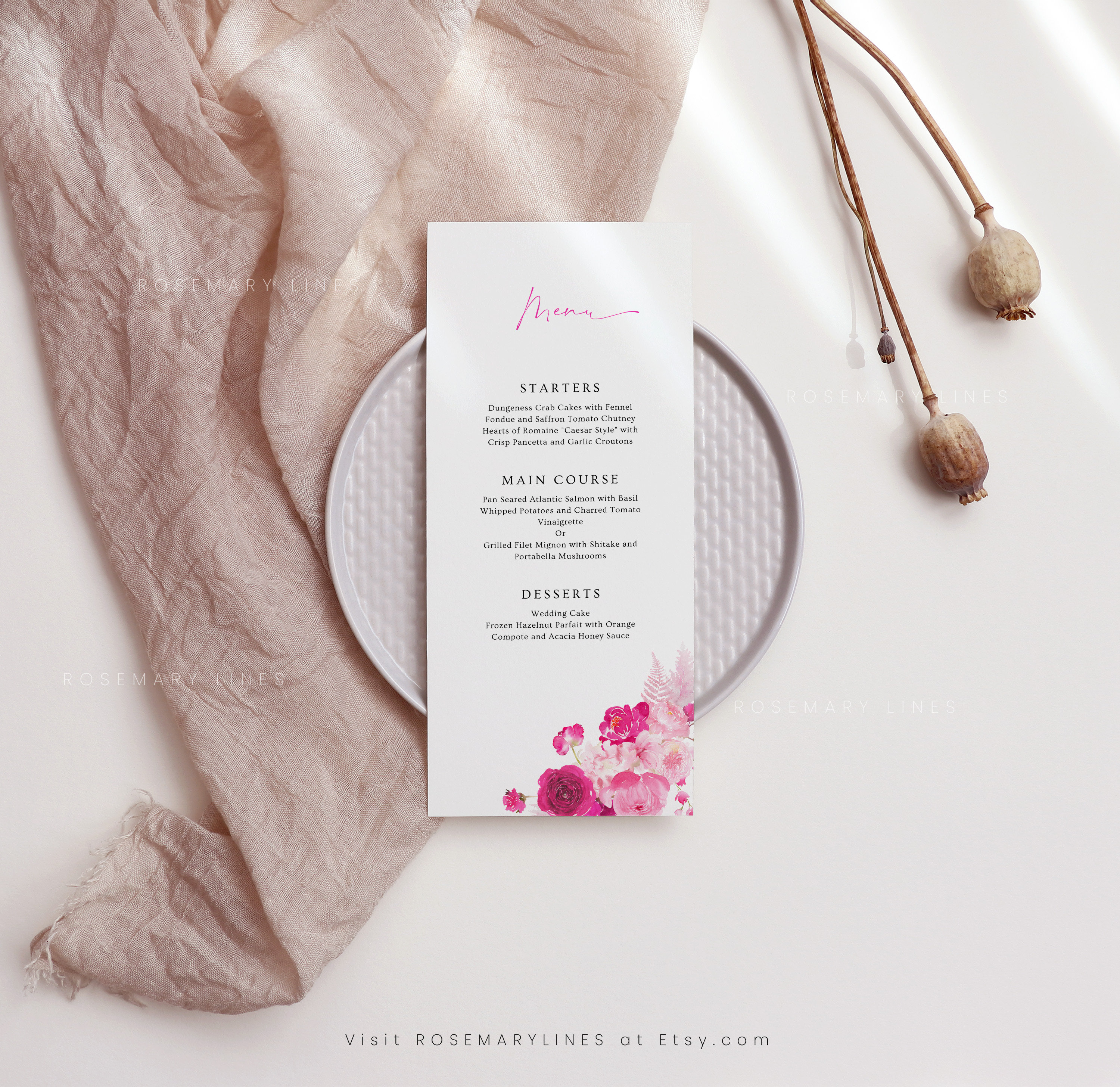Modern Hot Pink Wedding Menu Template, Red and Pink Floral Wedding Menu ...
